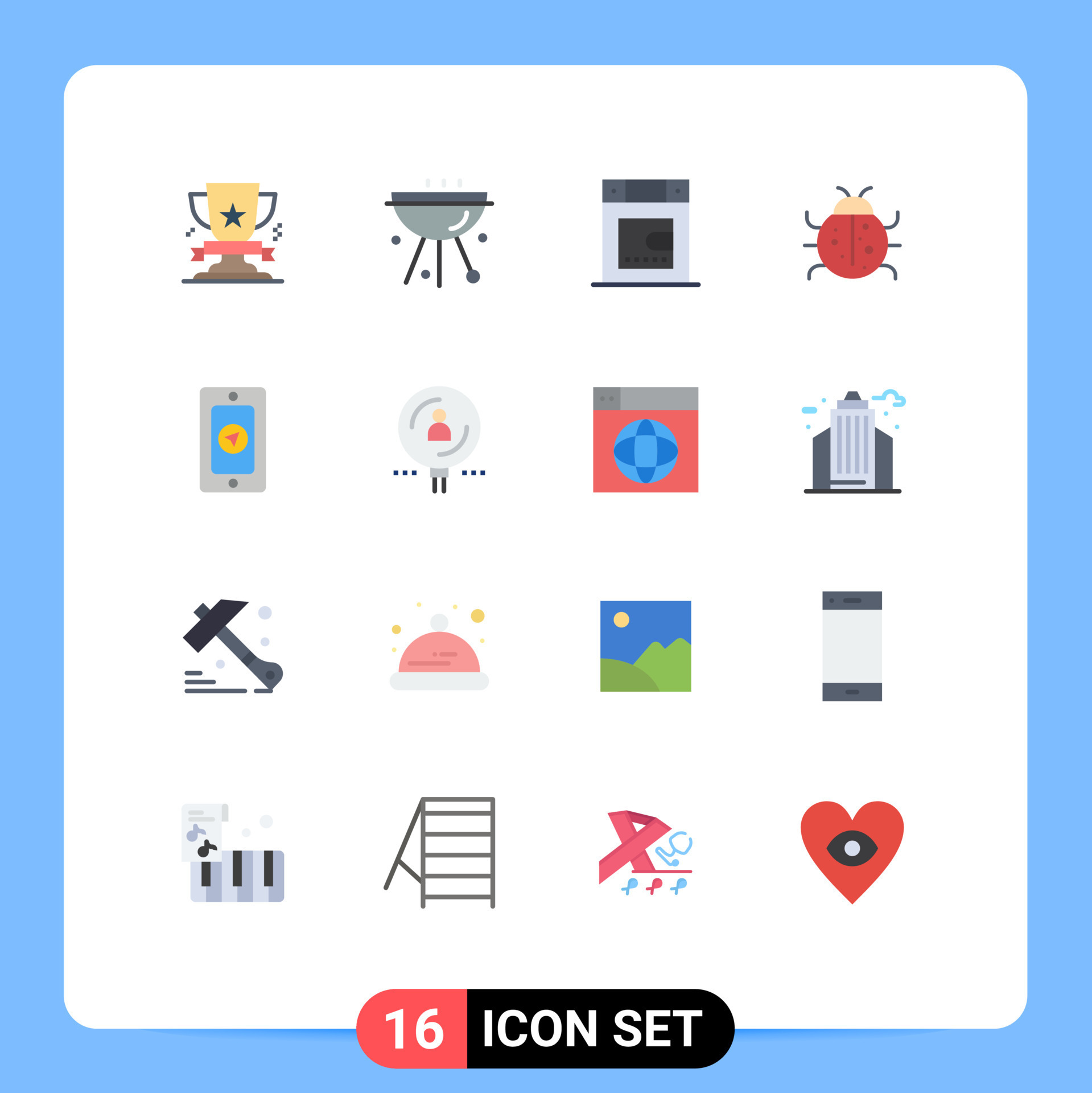 16 User Interface Flat Color Pack Of Modern Signs And Symbols Of Spring Ladybug Food Insect