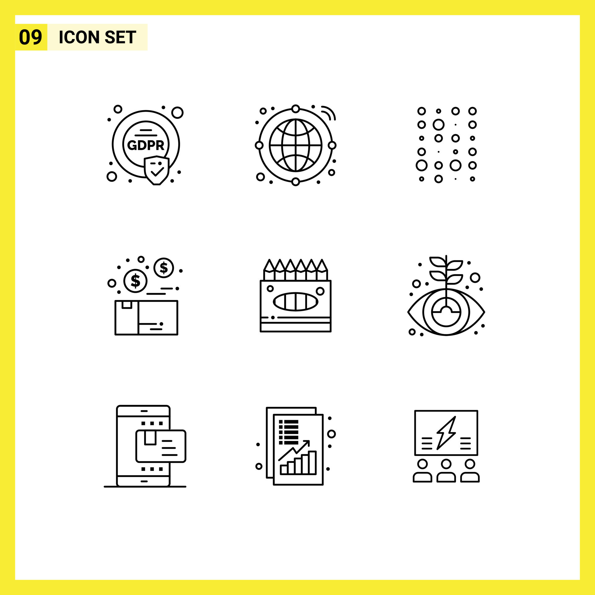 Set Of 9 Commercial Outlines Pack For Art Product Data Package Money Editable Vector Design