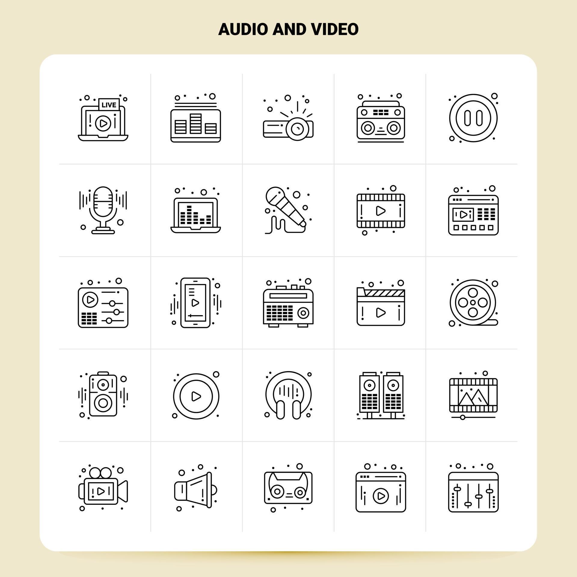 Outline 25 Audio And Video Icon Set Vector Line Style Design Black Icons Set Linear Pictogram