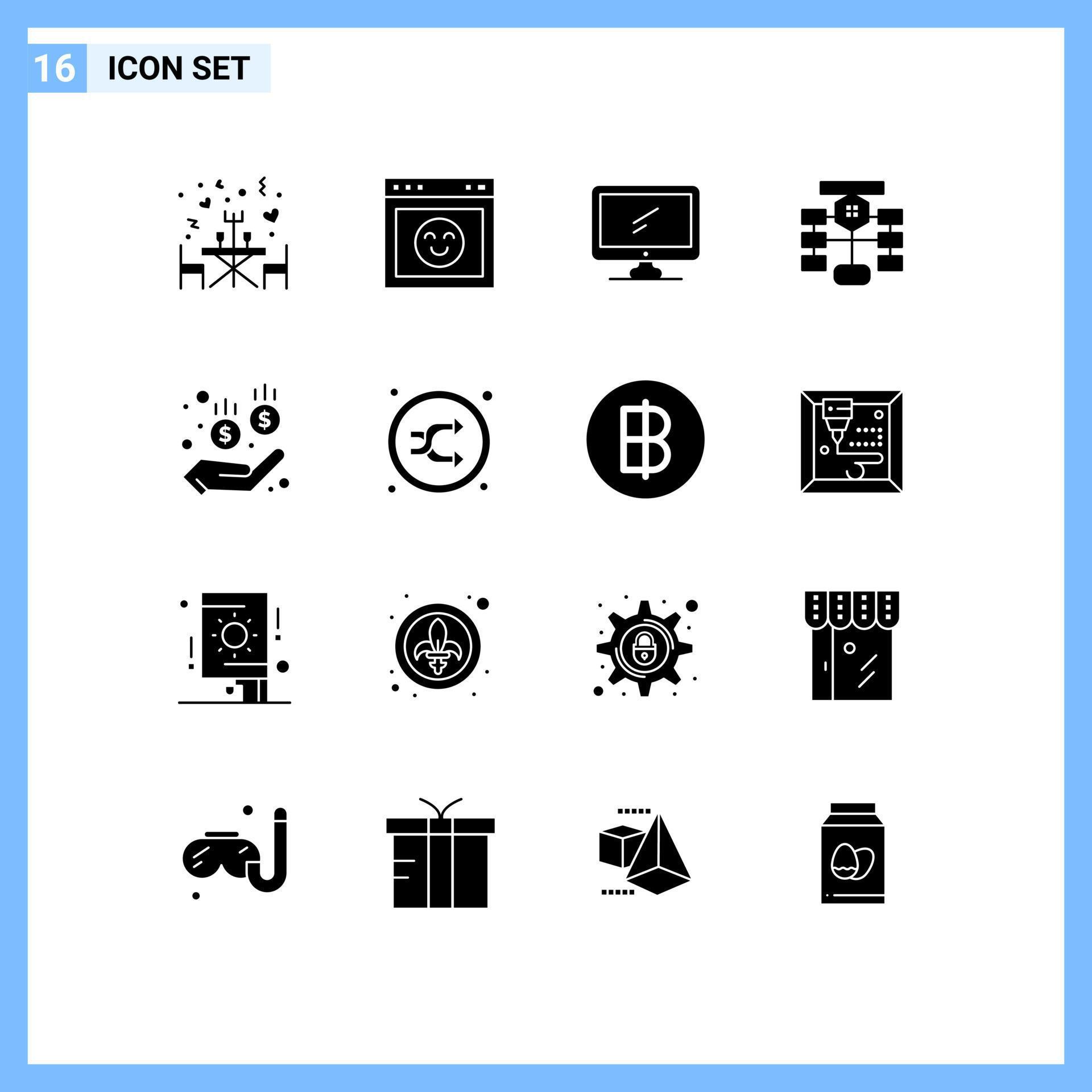 Group of 16 Modern Solid Glyphs Set for database chart computer flow pc ...
