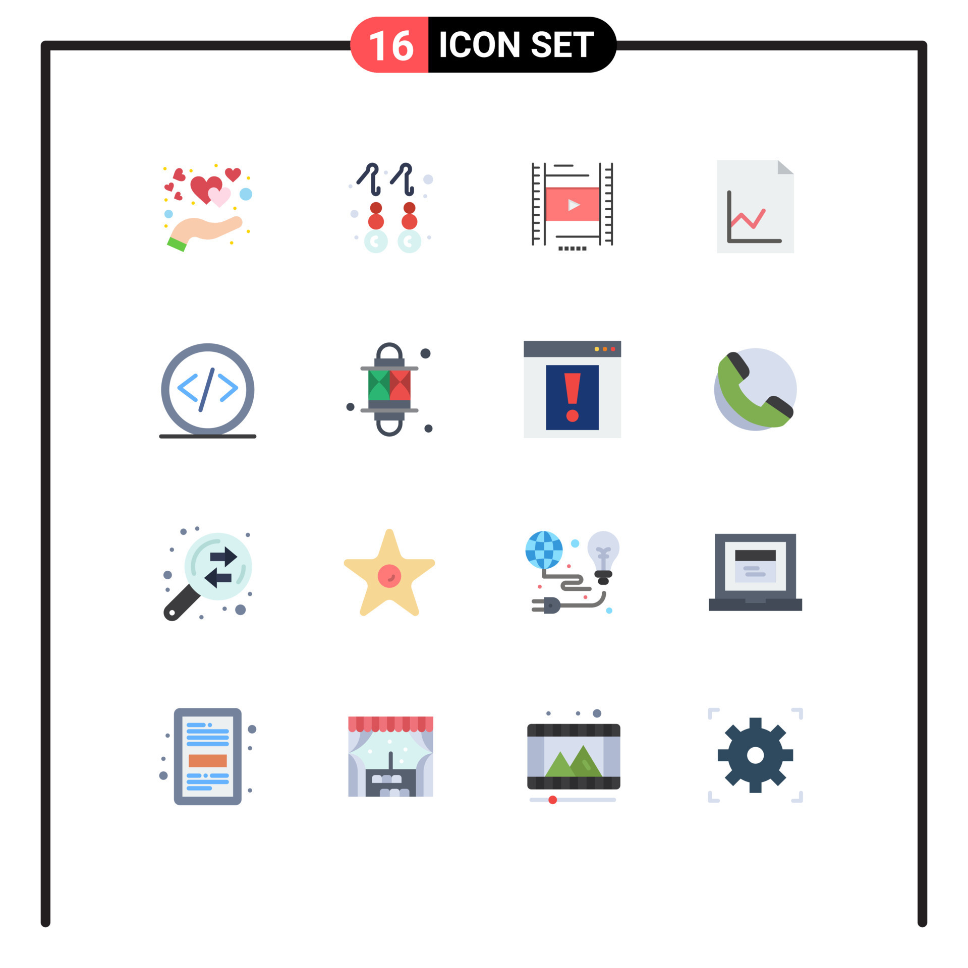 User Interface Pack Of 16 Basic Flat Colors Of Development Code Vedio Graph Analytics Editable