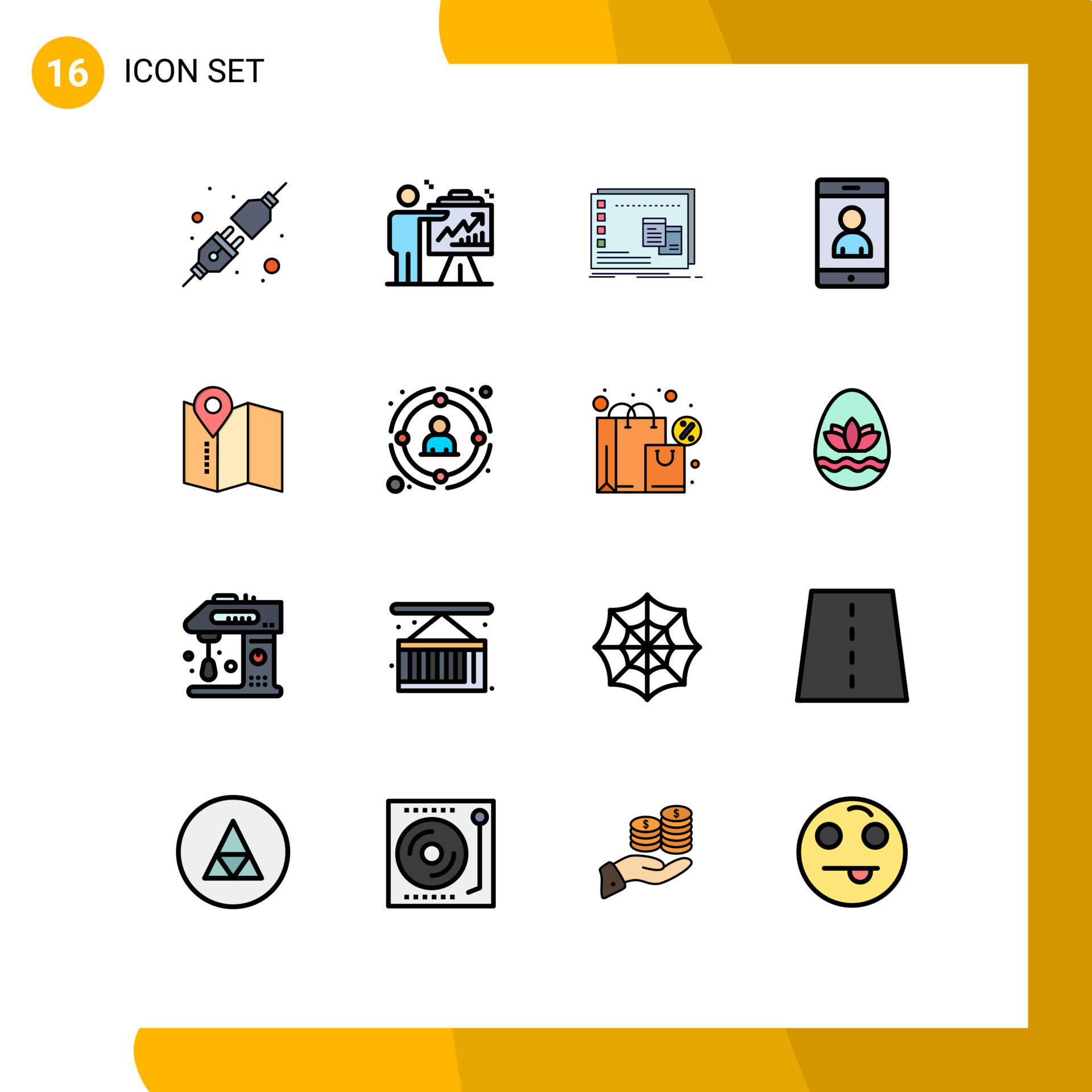 Pictogram Set Of 16 Simple Flat Color Filled Lines Of Map User Window Cell Program Editable