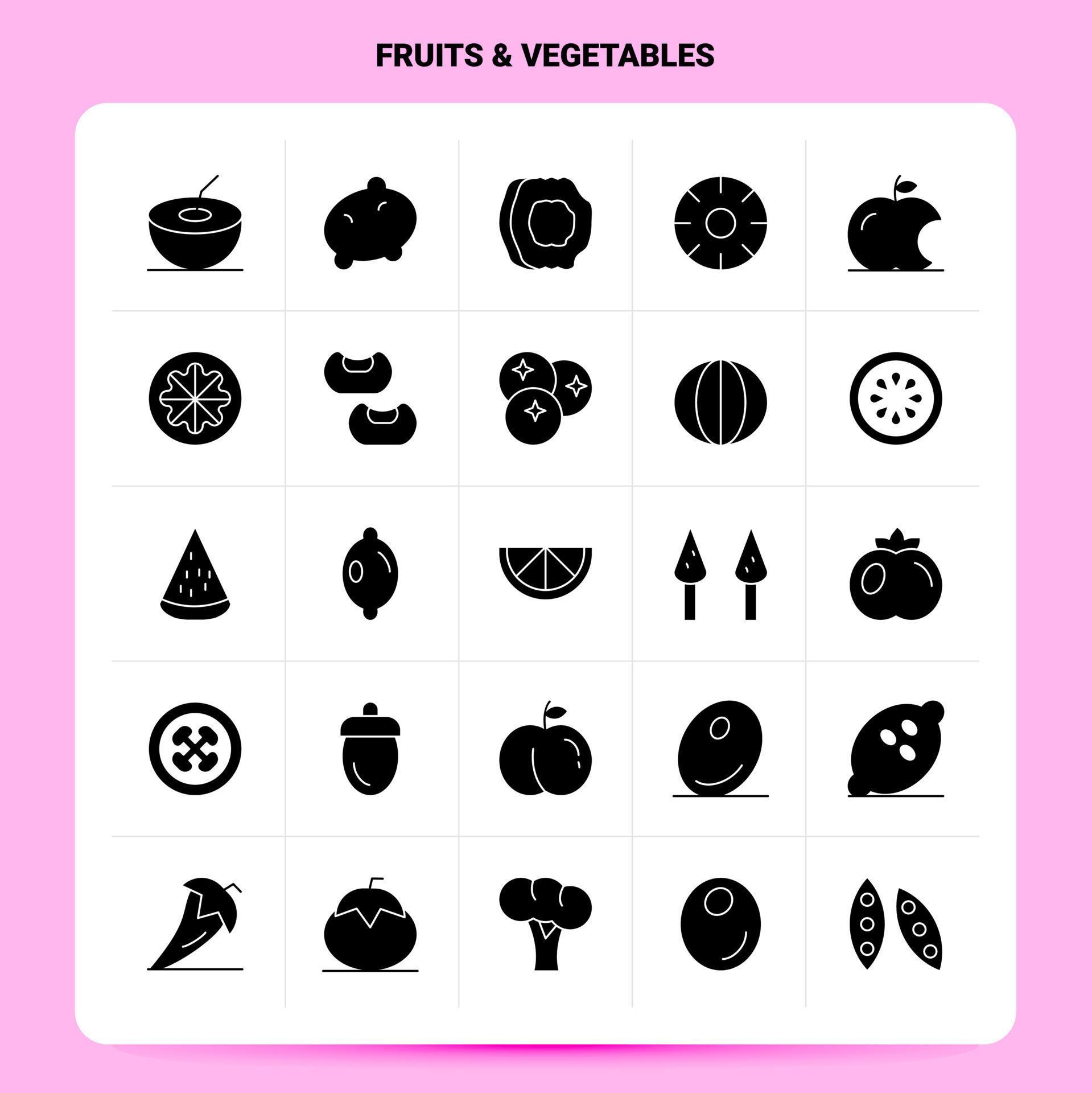 Solid 25 Fruits Vegetables Icon set Vector Glyph Style Design Black ...