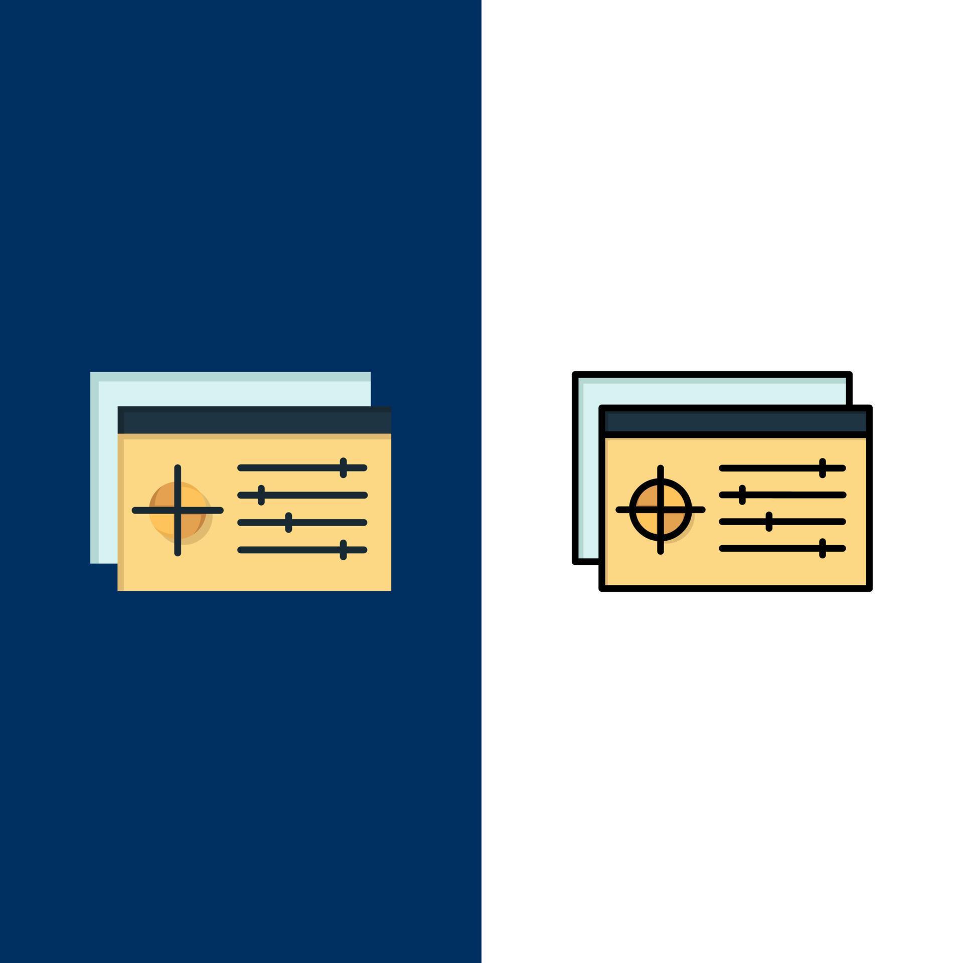 Setting Controller Target Object Icons Flat and Line Filled Icon Set Vector Blue Background ...