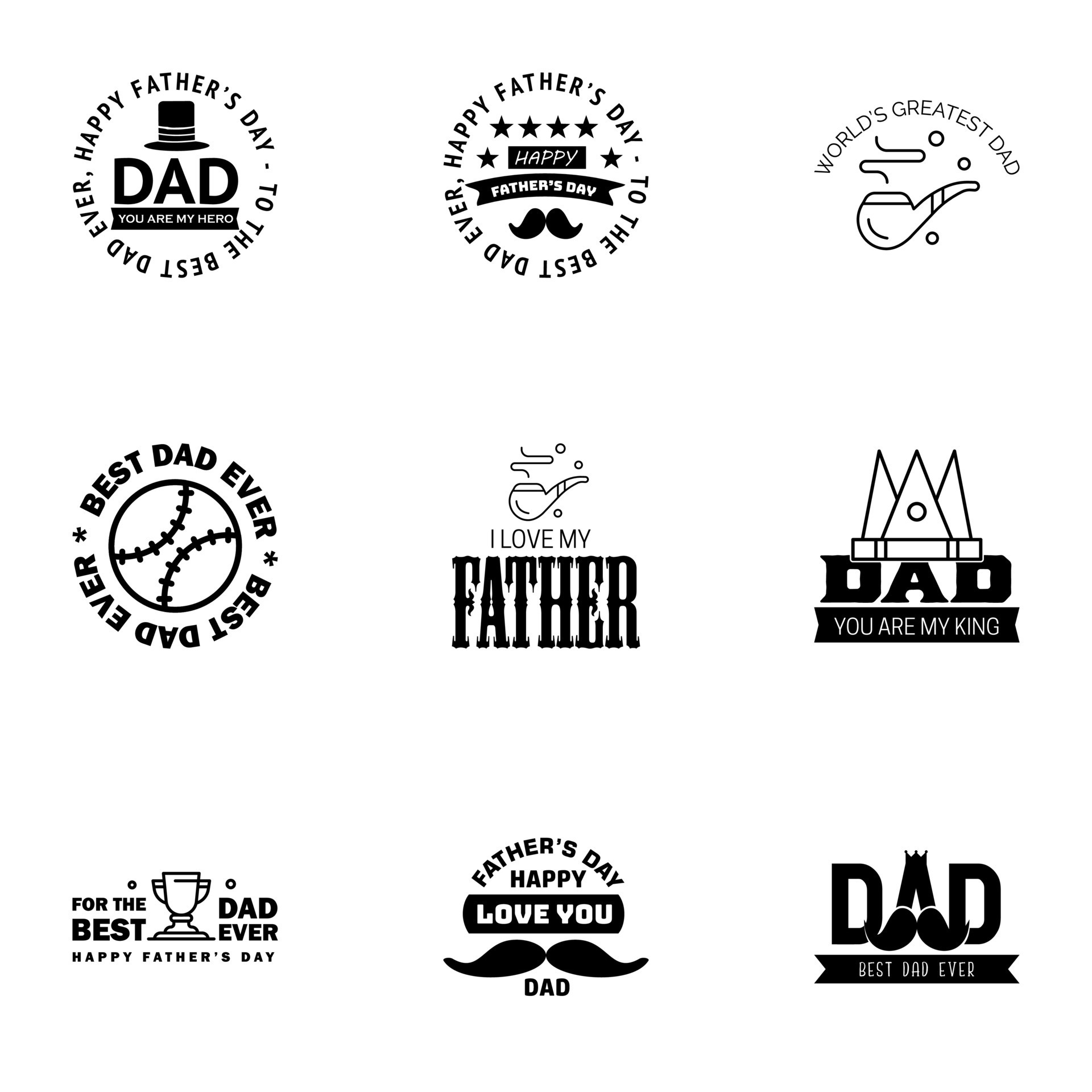 Set Of Happy Fathers Day Elements 9 Black Vector Illustration Editable Vector Design Elements
