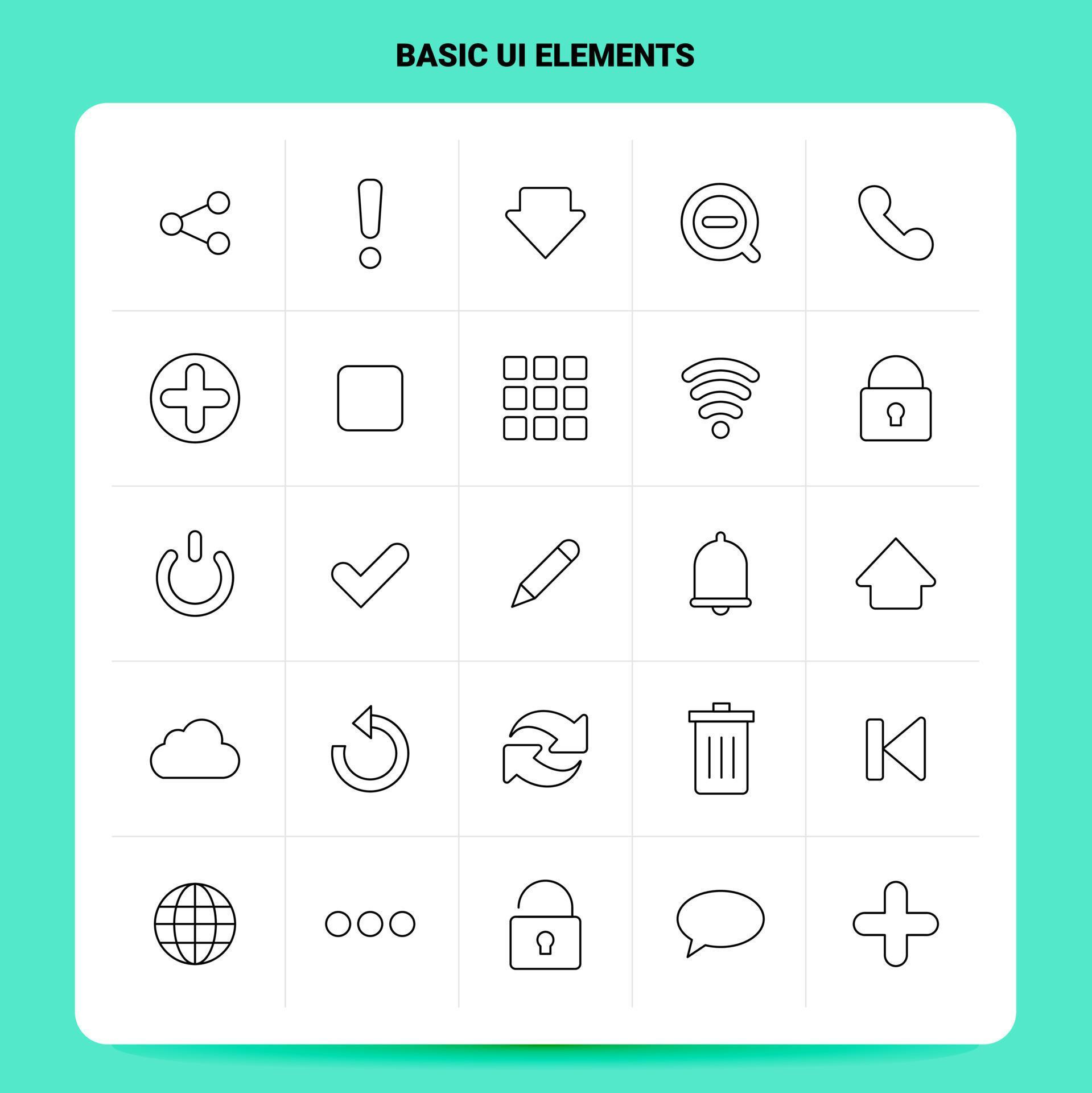 Outline 25 Basic Ui Elements Icon Set Vector Line Style Design Black
