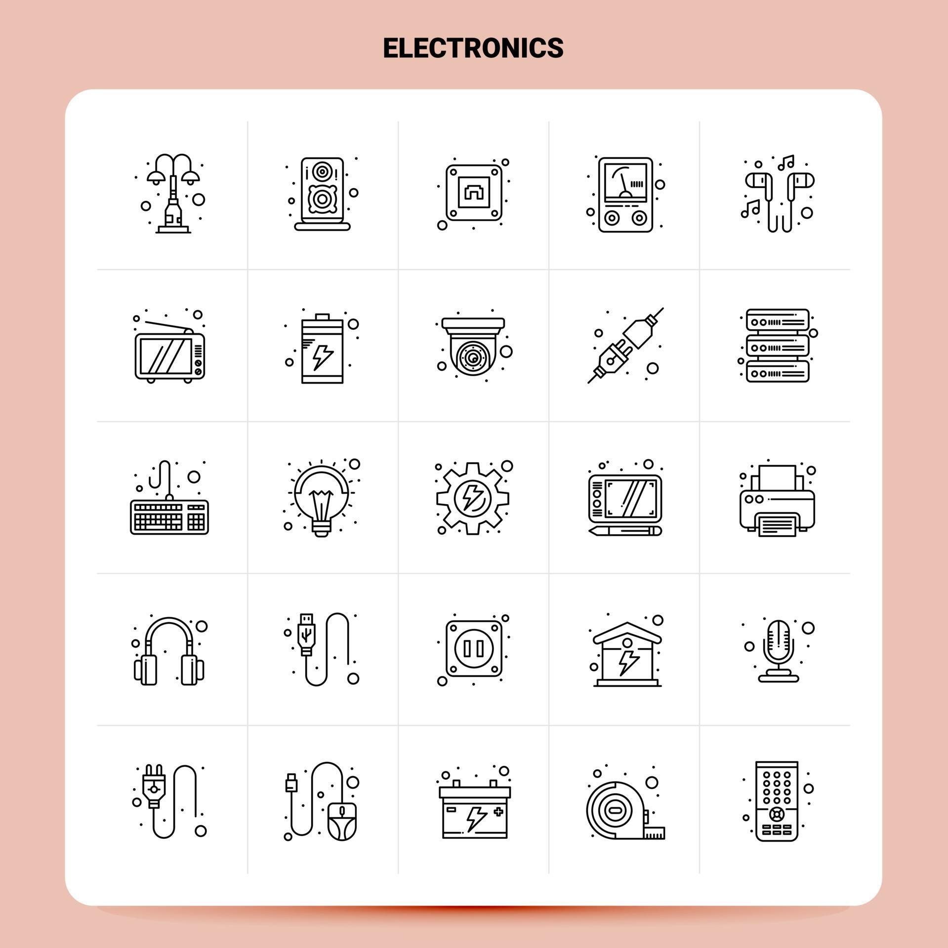 Outline 25 Electronics Icon Set Vector Line Style Design Black Icons Set Linear Pictogram Pack