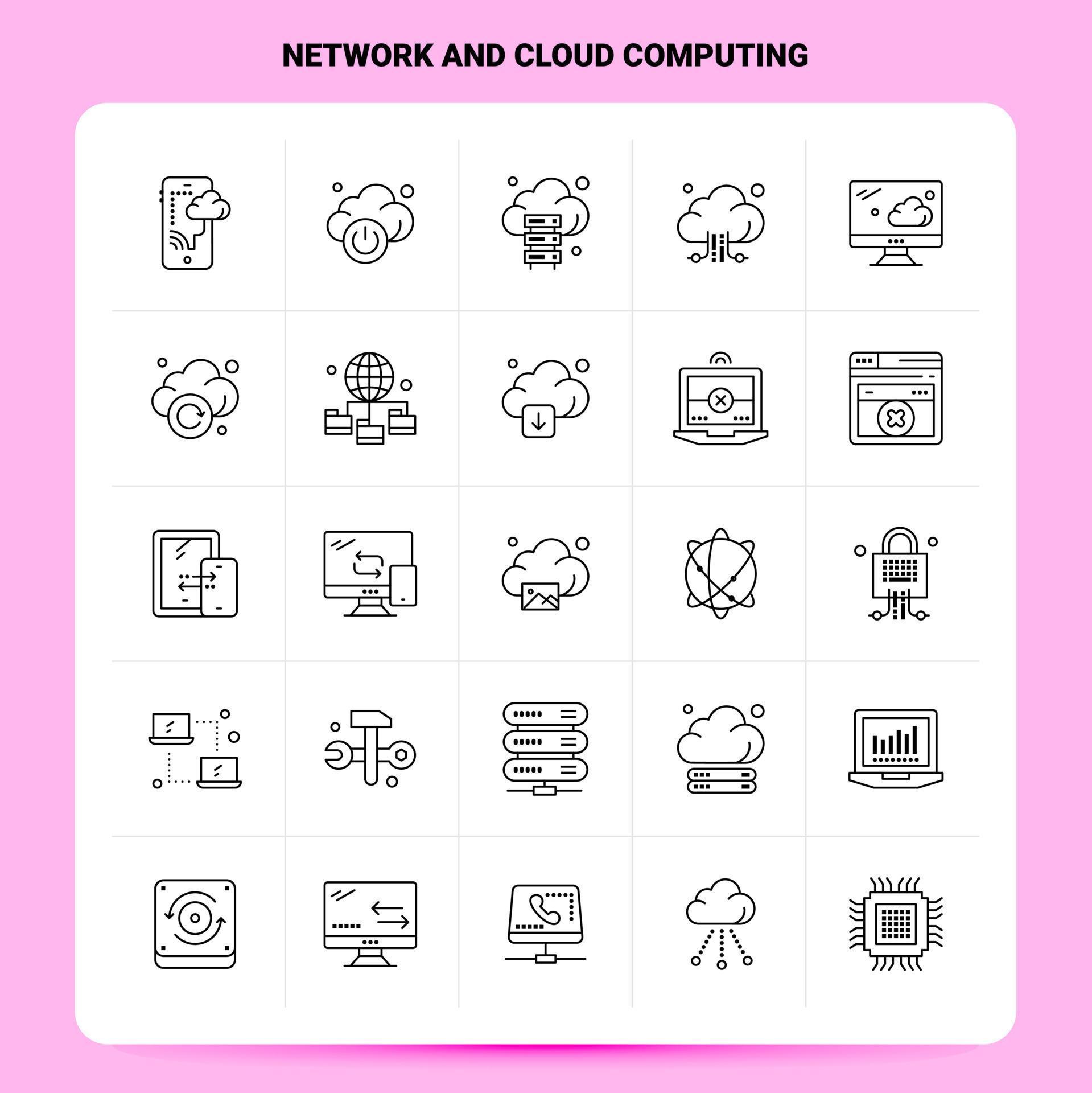 Outline 25 Network And Cloud Computing Icon Set Vector Line Style Design Black Icons Set Linear