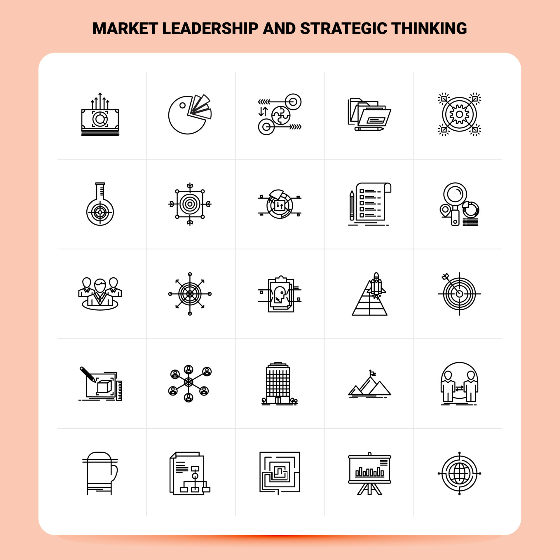 Outline 25 Market Leadership And Strategic Thinking Icon Set Vector Line Style Design Black