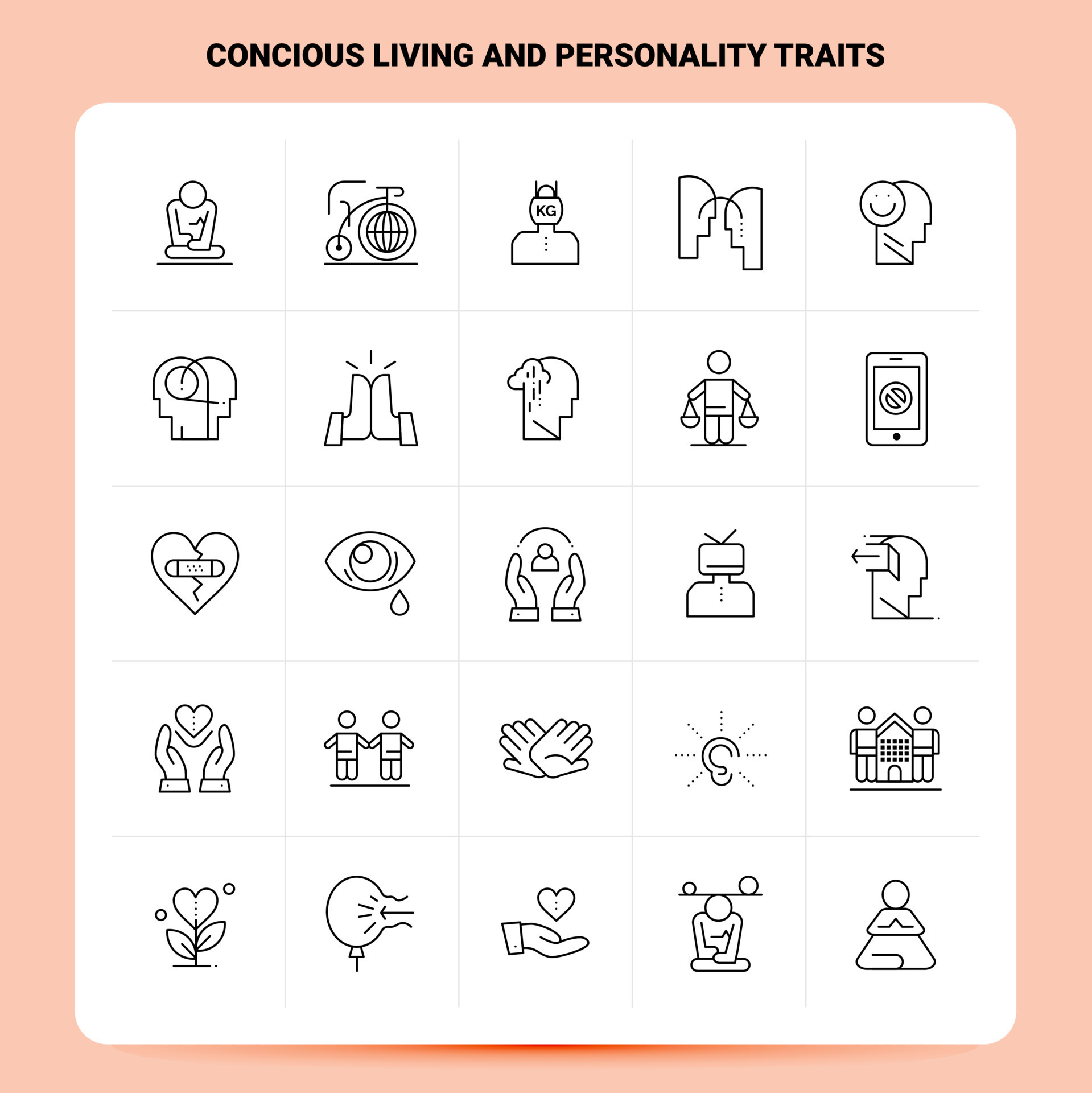 Outline 25 Concious Living And Personality Traits Icon Set Vector Line Style Design Black Icons
