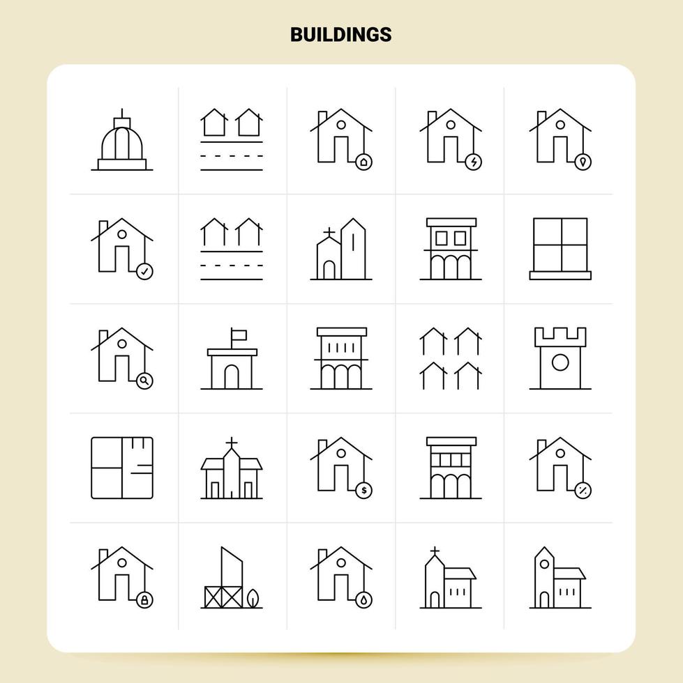 Outline 25 Buildings Icon Set Vector Line Style Design Black Icons Set Linear Pictogram Pack Web