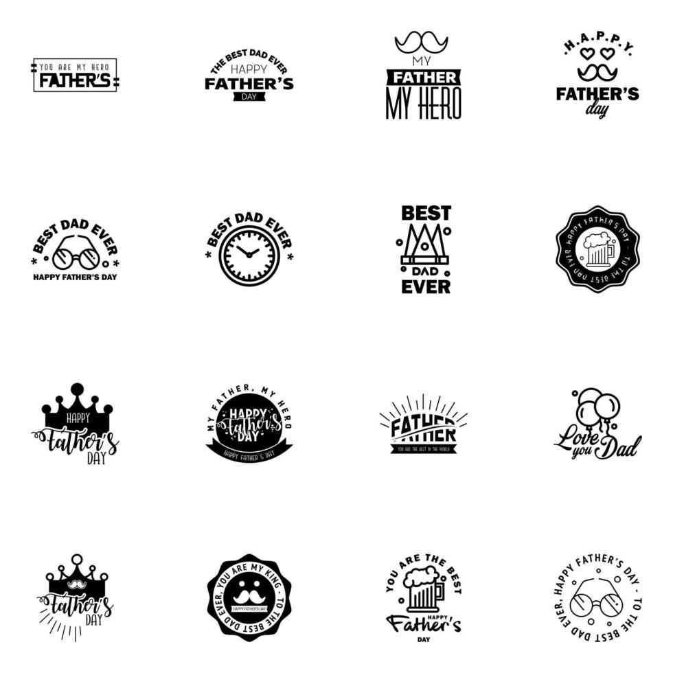 16 Black Set Of Vector Happy Fathers Day Typography Vintage Icons Lettering For Greeting Cards