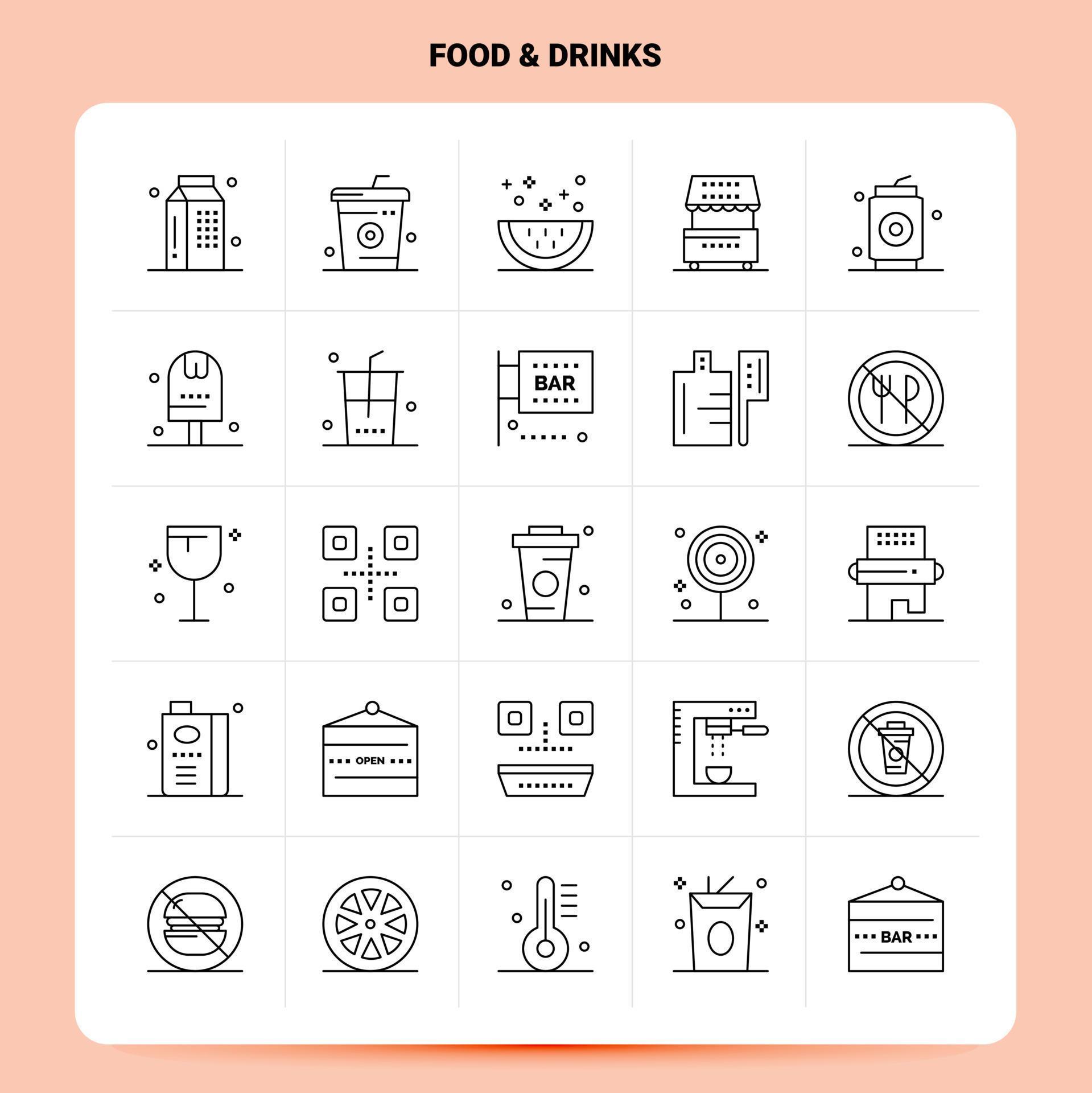 Outline 25 Food Drinks Icon Set Vector Line Style Design Black Icons Set Linear Pictogram Pack