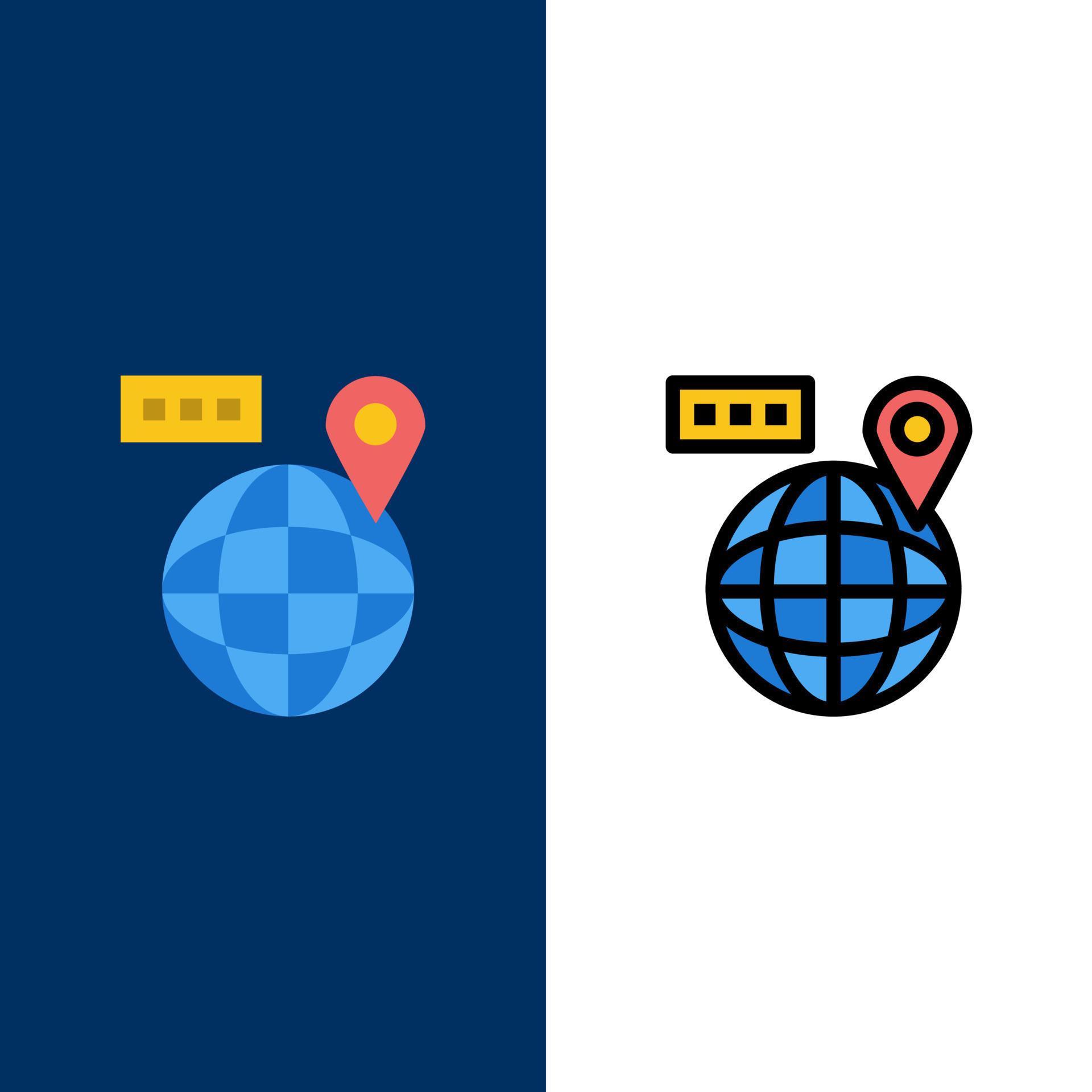 World Map Navigation Location Icons Flat and Line Filled Icon Set ...