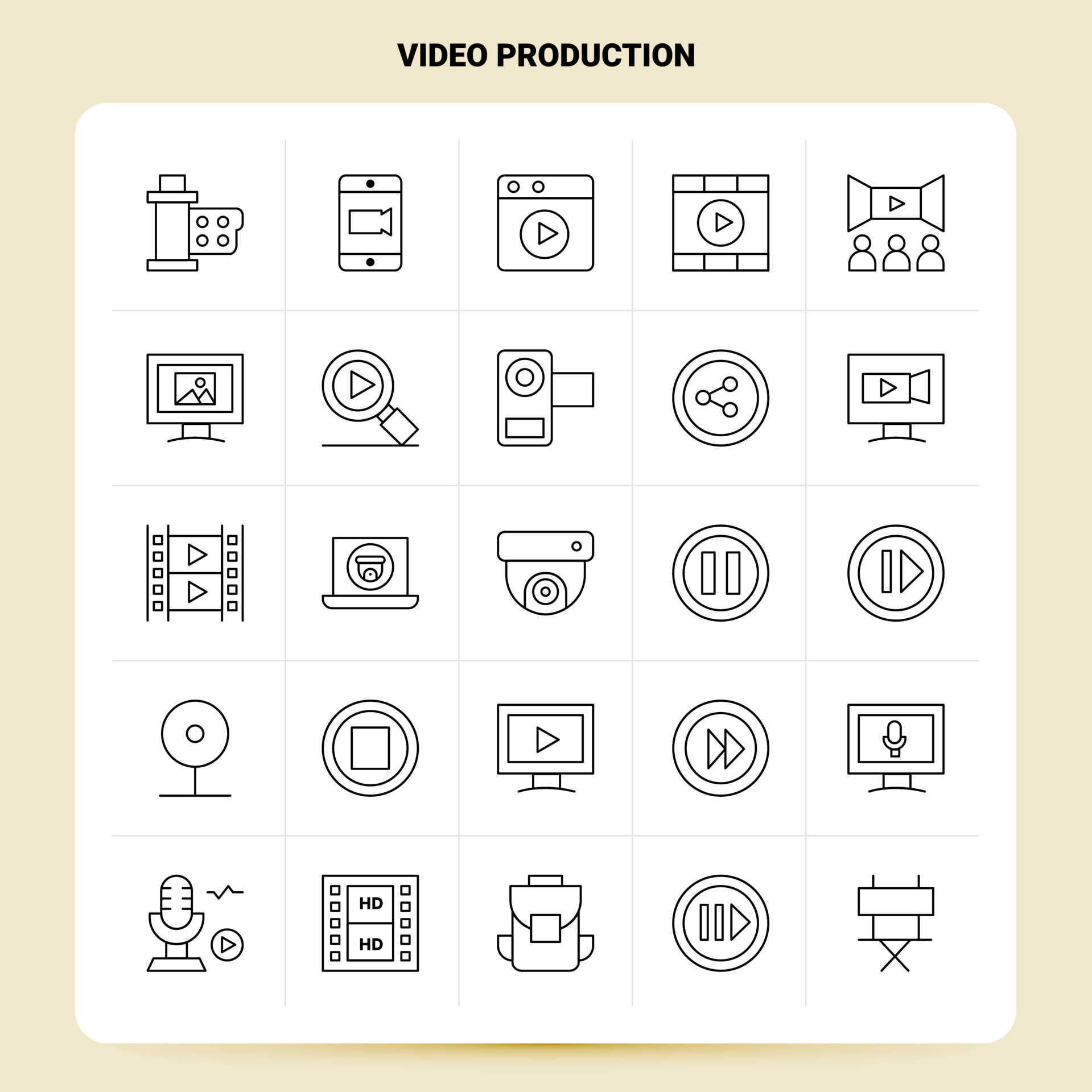 Outline 25 Video Production Icon Set Vector Line Style Design Black Icons Set Linear Pictogram