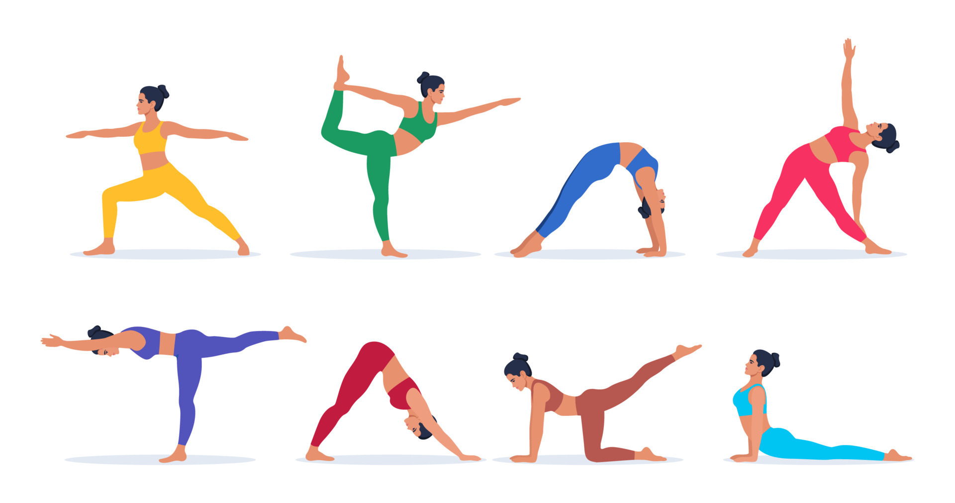Set of yoga poses. Young women in colorful clothes do yoga exercises. Healthy lifestyle with ...