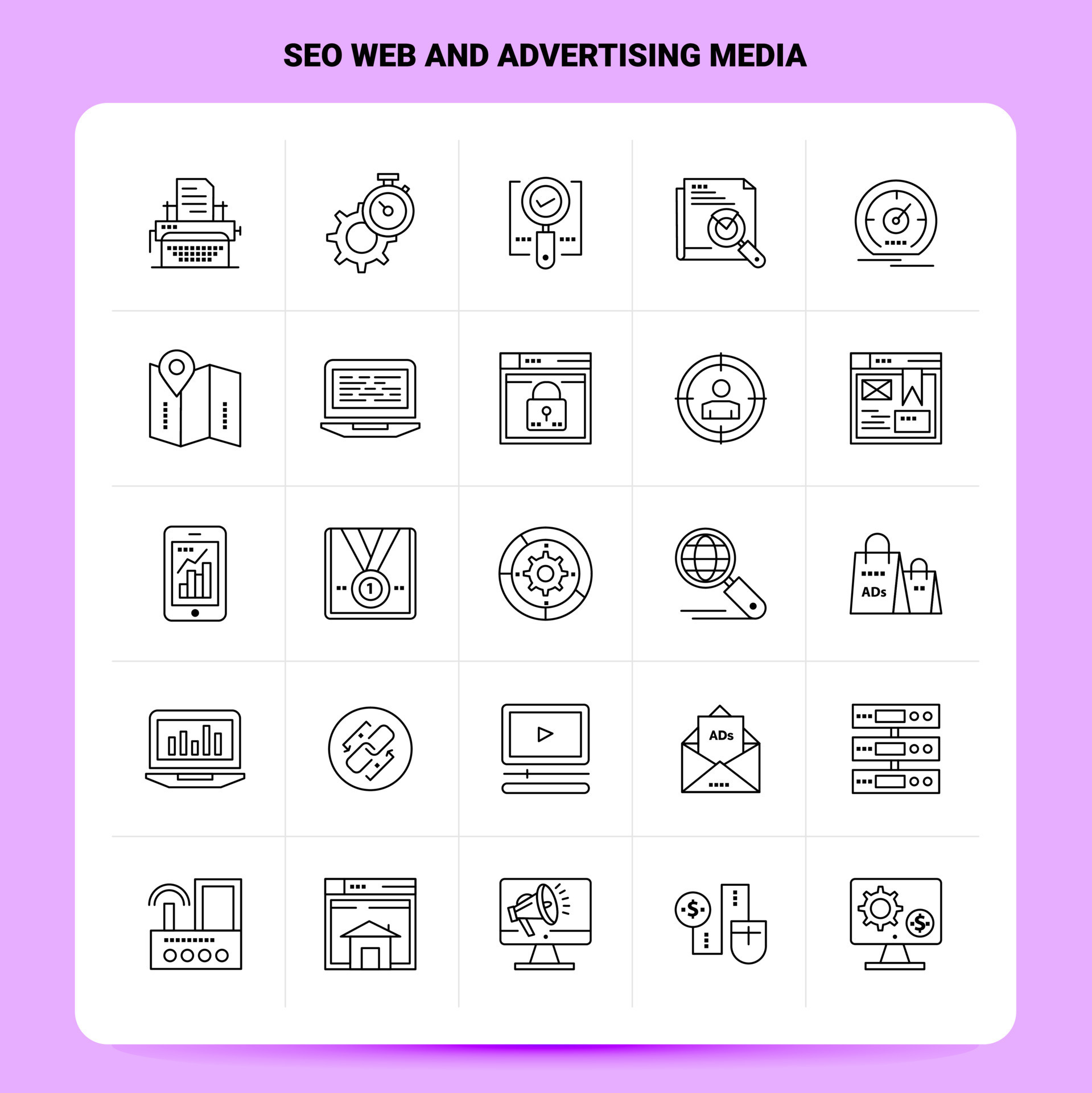 Outline 25 Seo Web And Advertising Media Icon Set Vector Line Style Design Black Icons Set