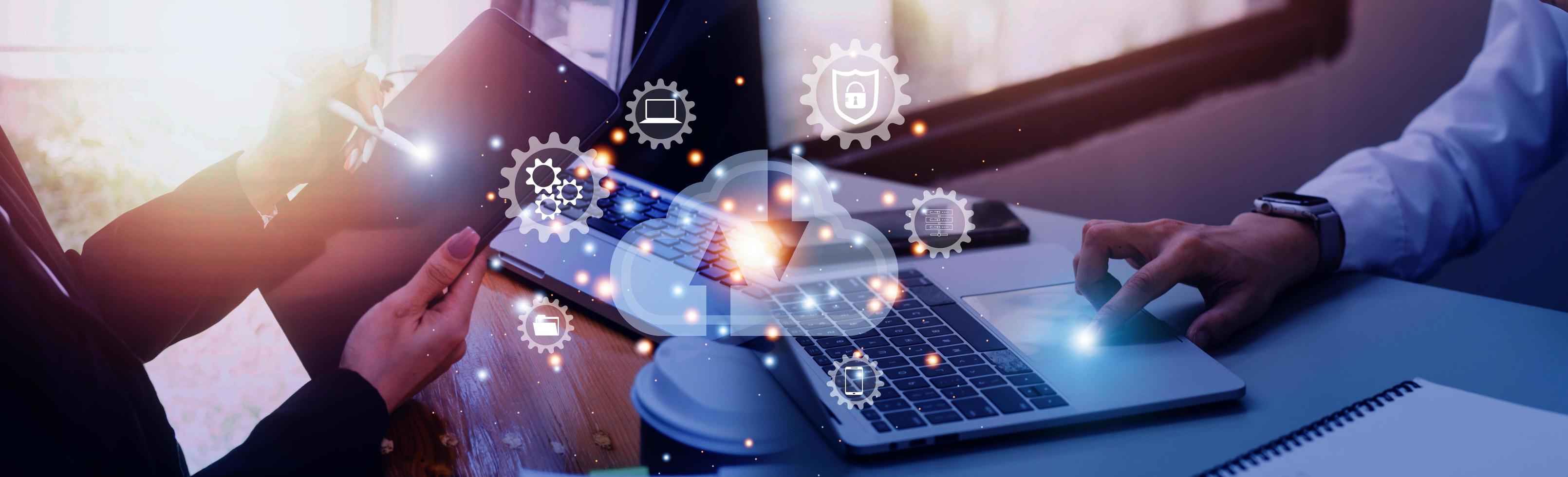 Man Showing Virtual Screen With Cloud Computing Diagram Cloud Technology Data Storage