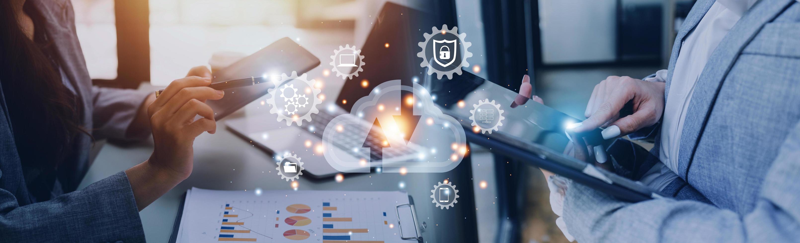 Man Showing Virtual Screen With Cloud Computing Diagram Cloud Technology Data Storage