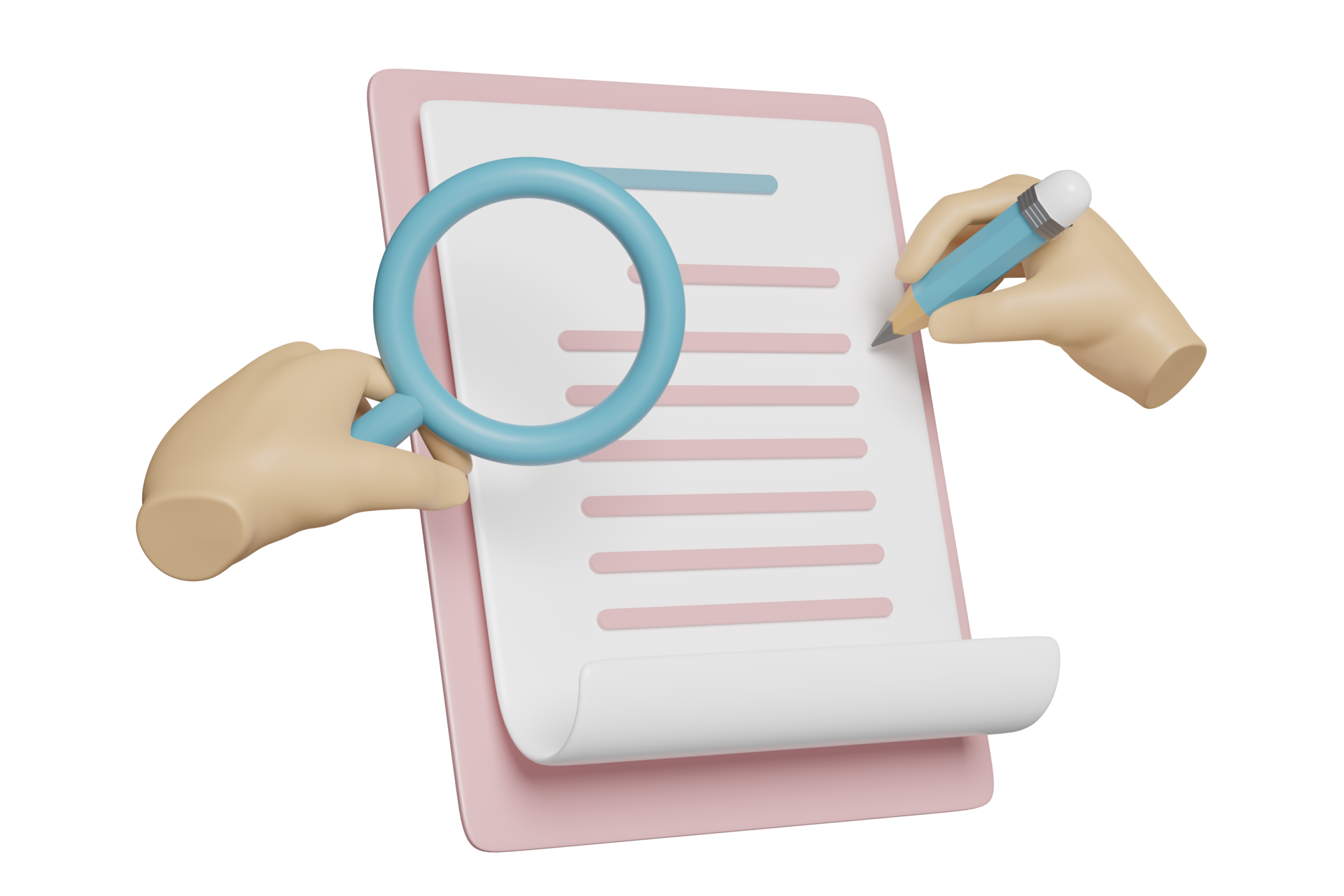3d check list with hands holding pencil, magnifying glass, clipboard ... 3d check list with hands holding pencil, magnifying glass, clipboard ...