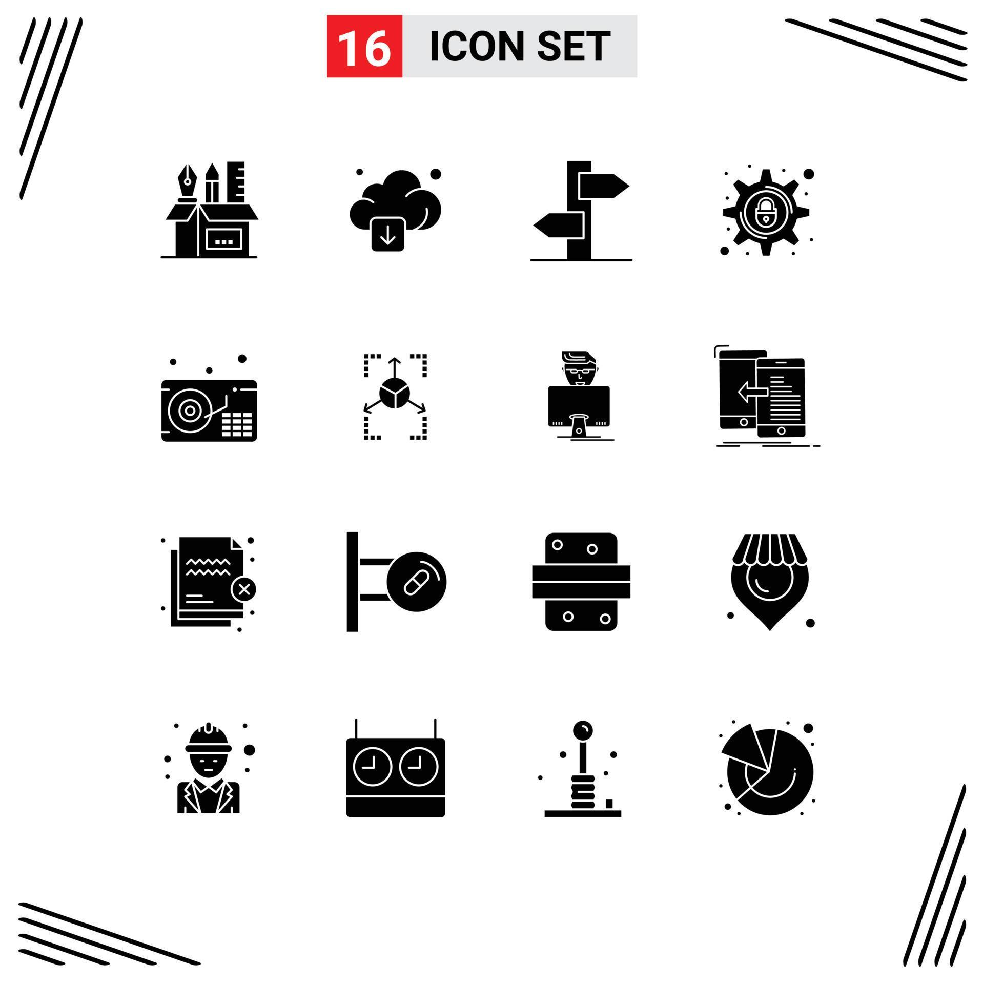 Set Of 16 Vector Solid Glyphs On Grid For Audio Security Technology