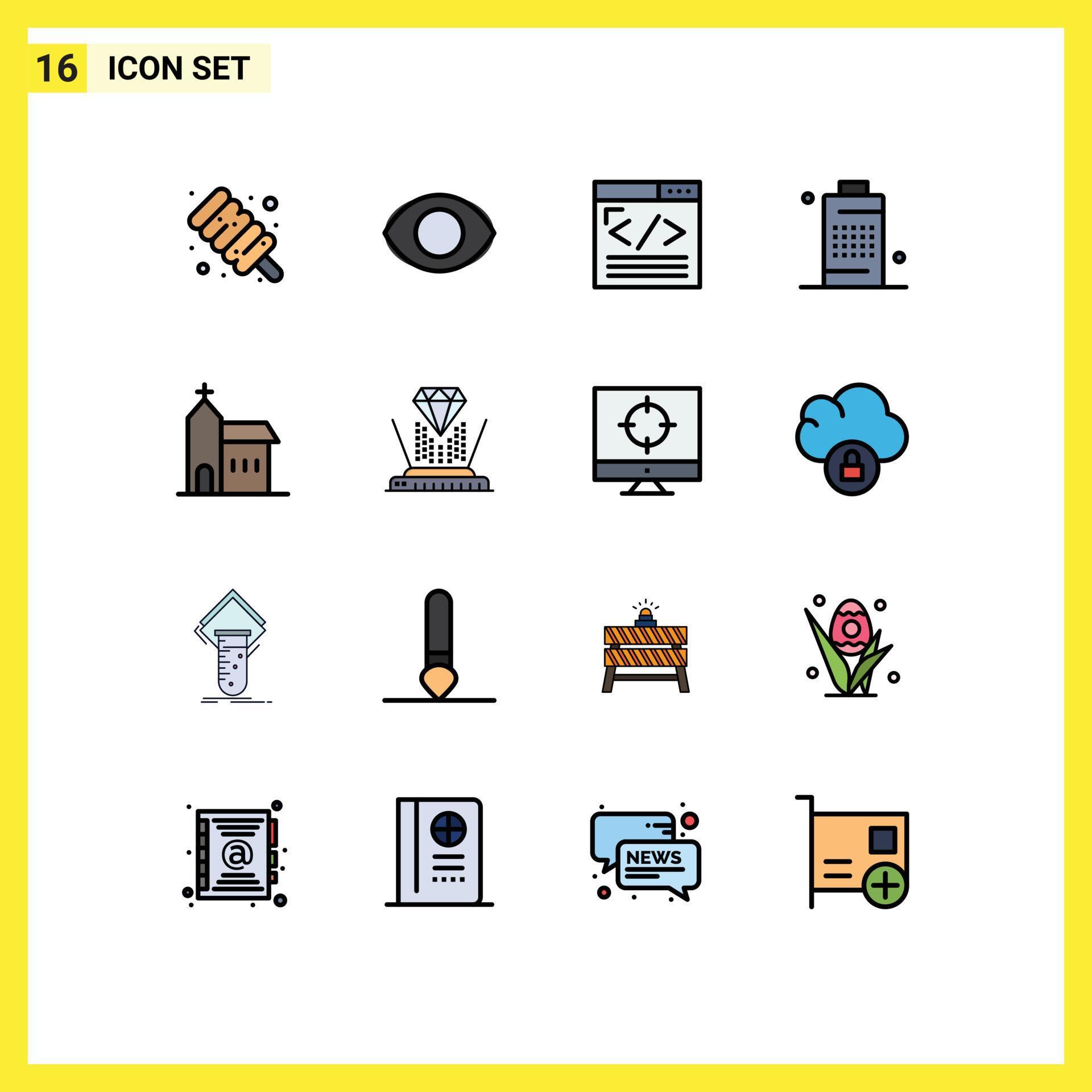 16 Thematic Vector Flat Color Filled Lines And Editable Symbols Of Building Phone Coding Energy