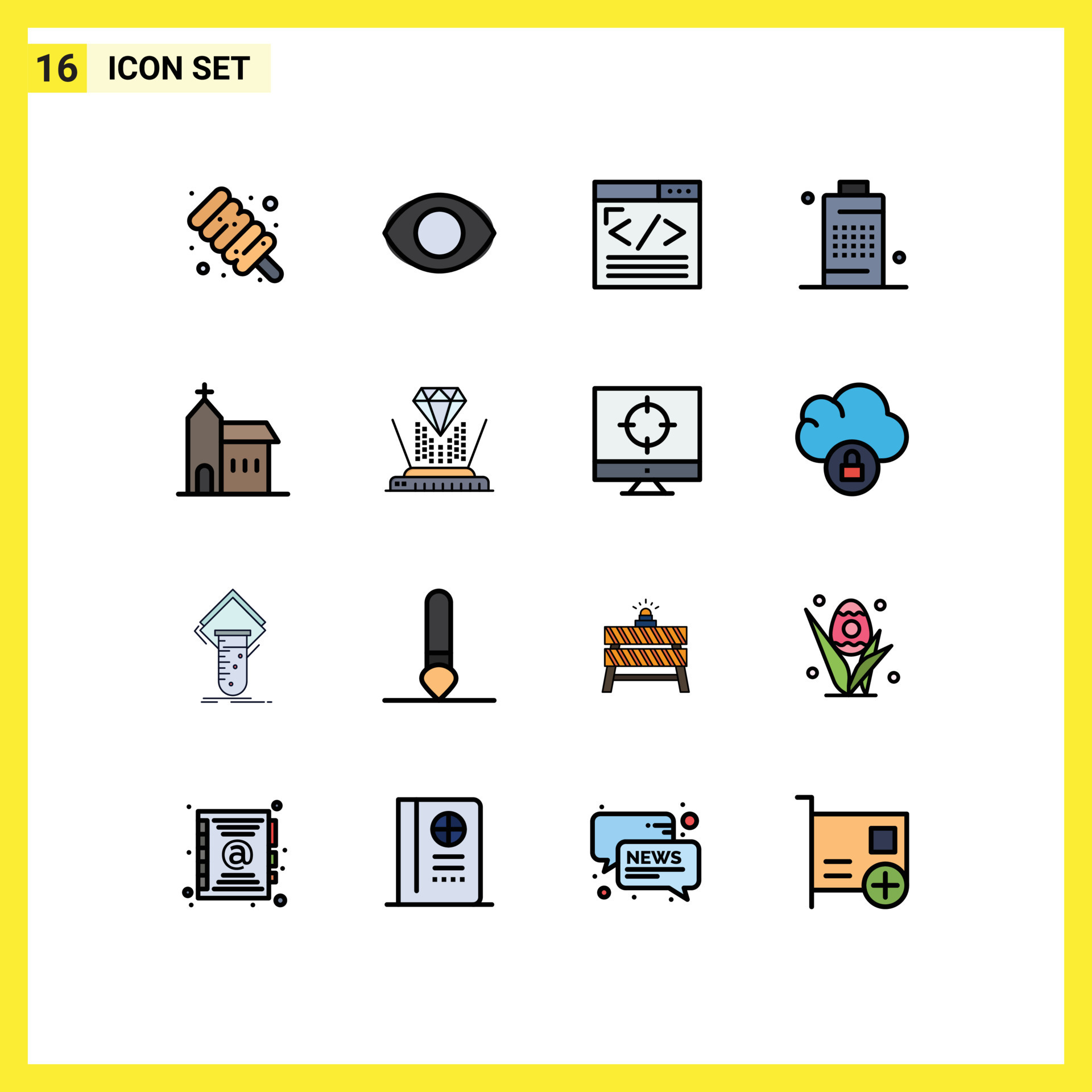 16 Thematic Vector Flat Color Filled Lines And Editable Symbols Of Building Phone Coding Energy