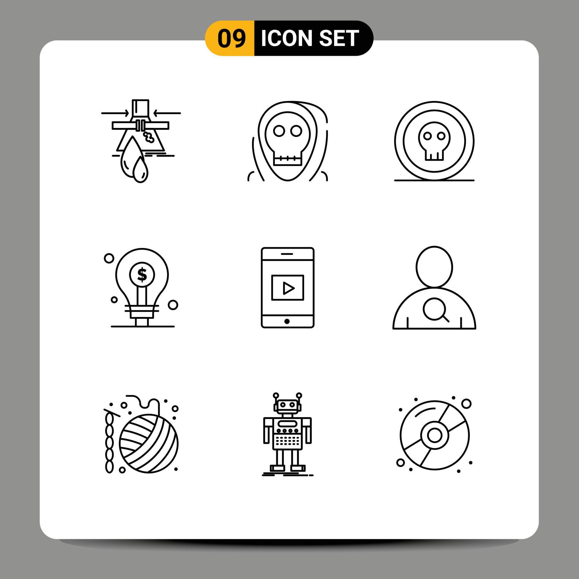 Outline Pack Of 9 Universal Symbols Of Idea Bulb Halloween Pirate Halloween Editable Vector