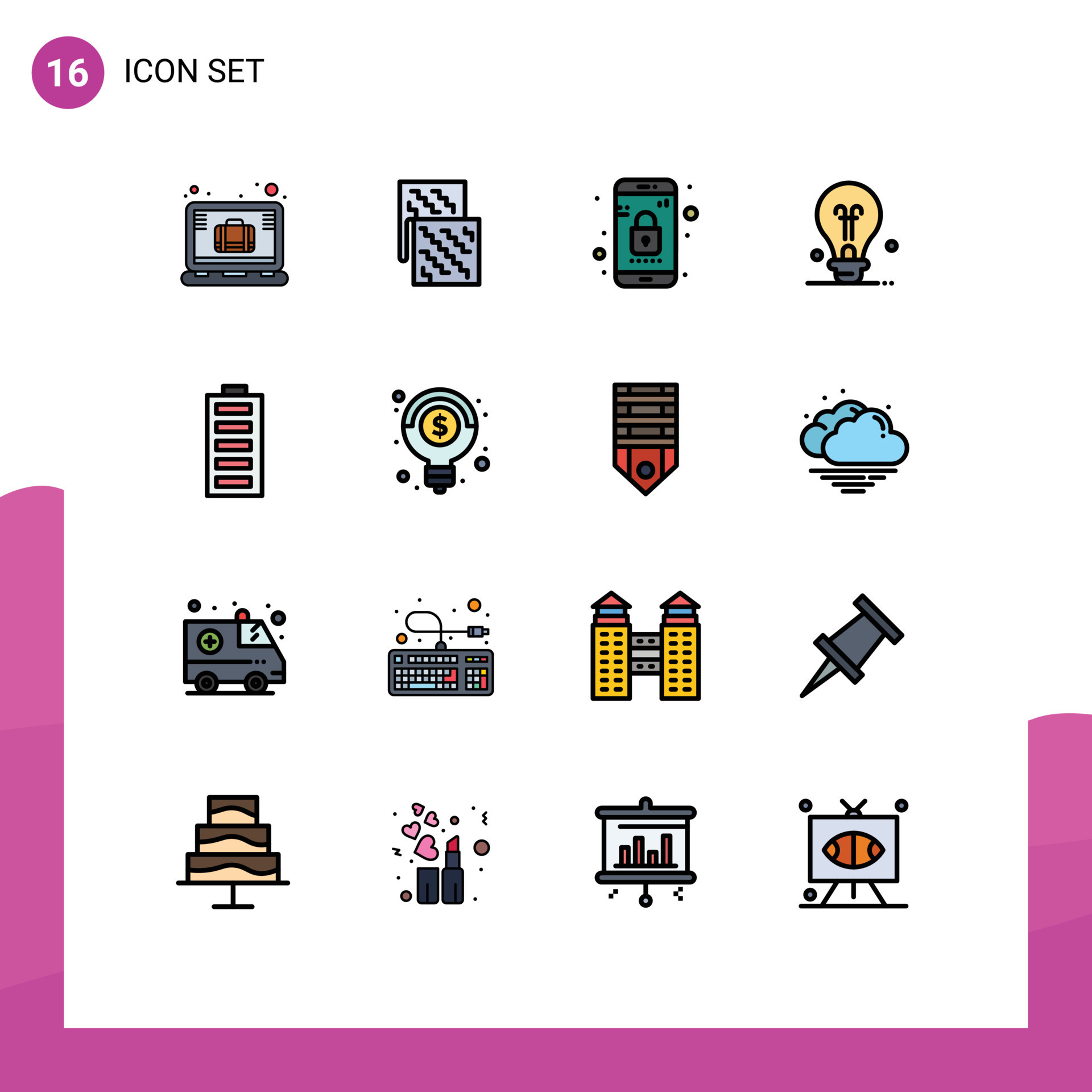 16 Thematic Vector Flat Color Filled Lines And Editable Symbols Of