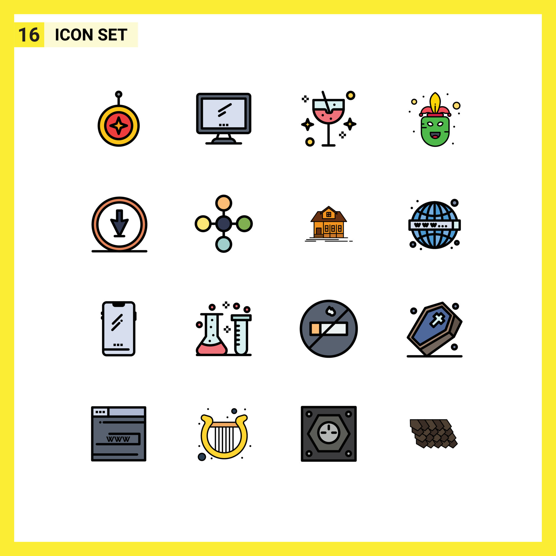 16 Thematic Vector Flat Color Filled Lines And Editable Symbols Of Mask Costume Imac Carnival