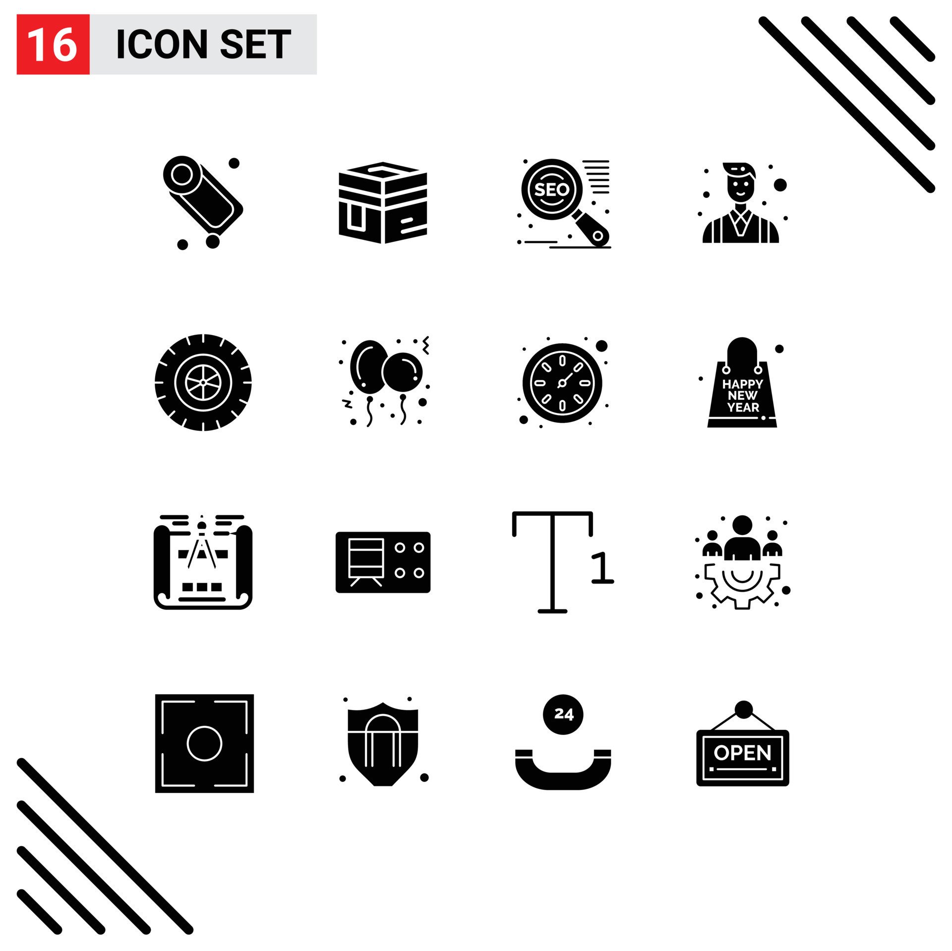 Set of 16 Commercial Solid Glyphs pack for tire people meccah entrepreneur boss Editable Vector ...