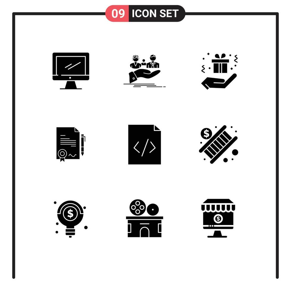 Pictogram Set of 9 Simple Solid Glyphs of code done life certificate hand party Editable Vector ...