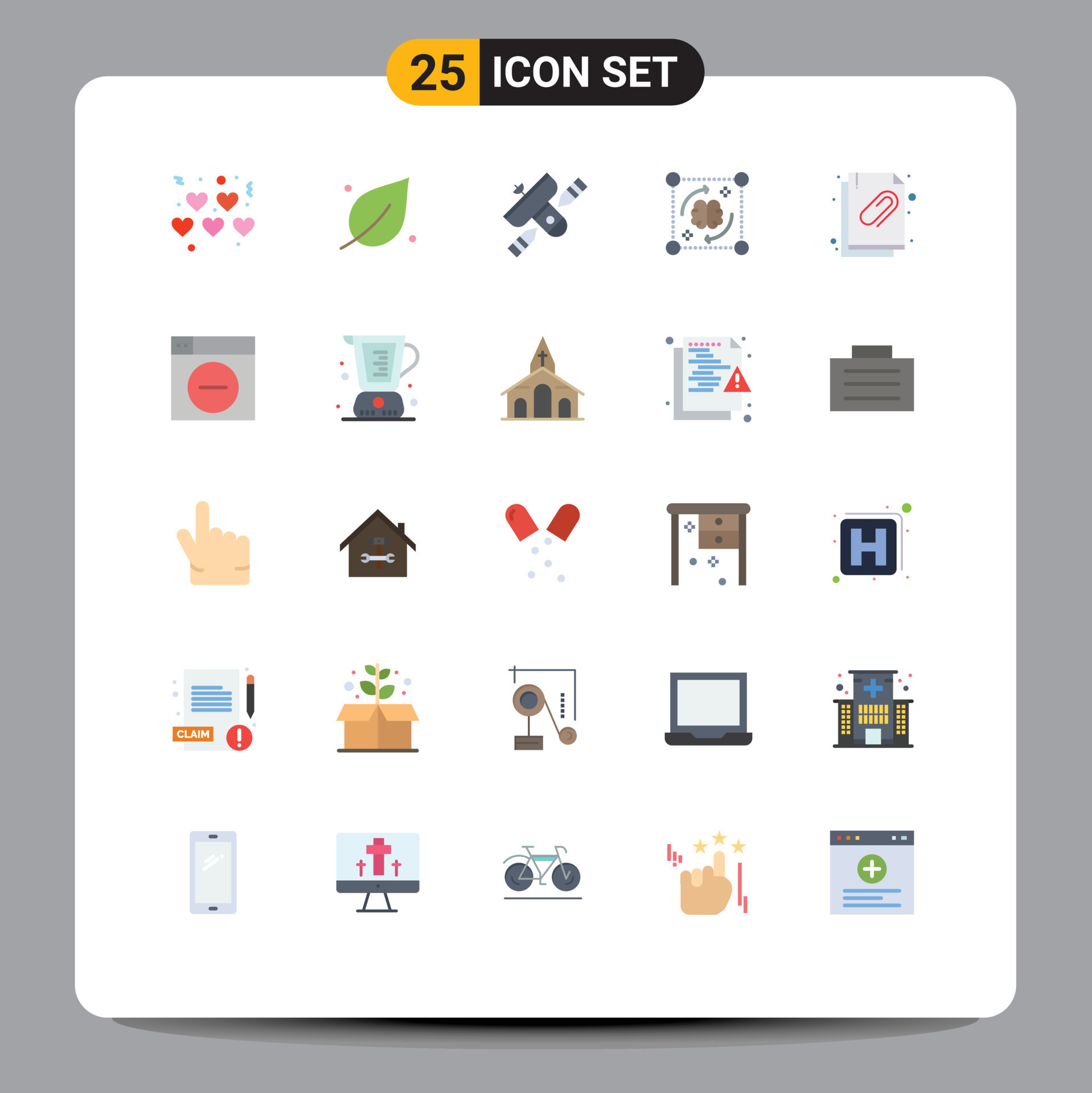 25 User Interface Flat Color Pack Of Modern Signs And Symbols Of Attached Document Brain