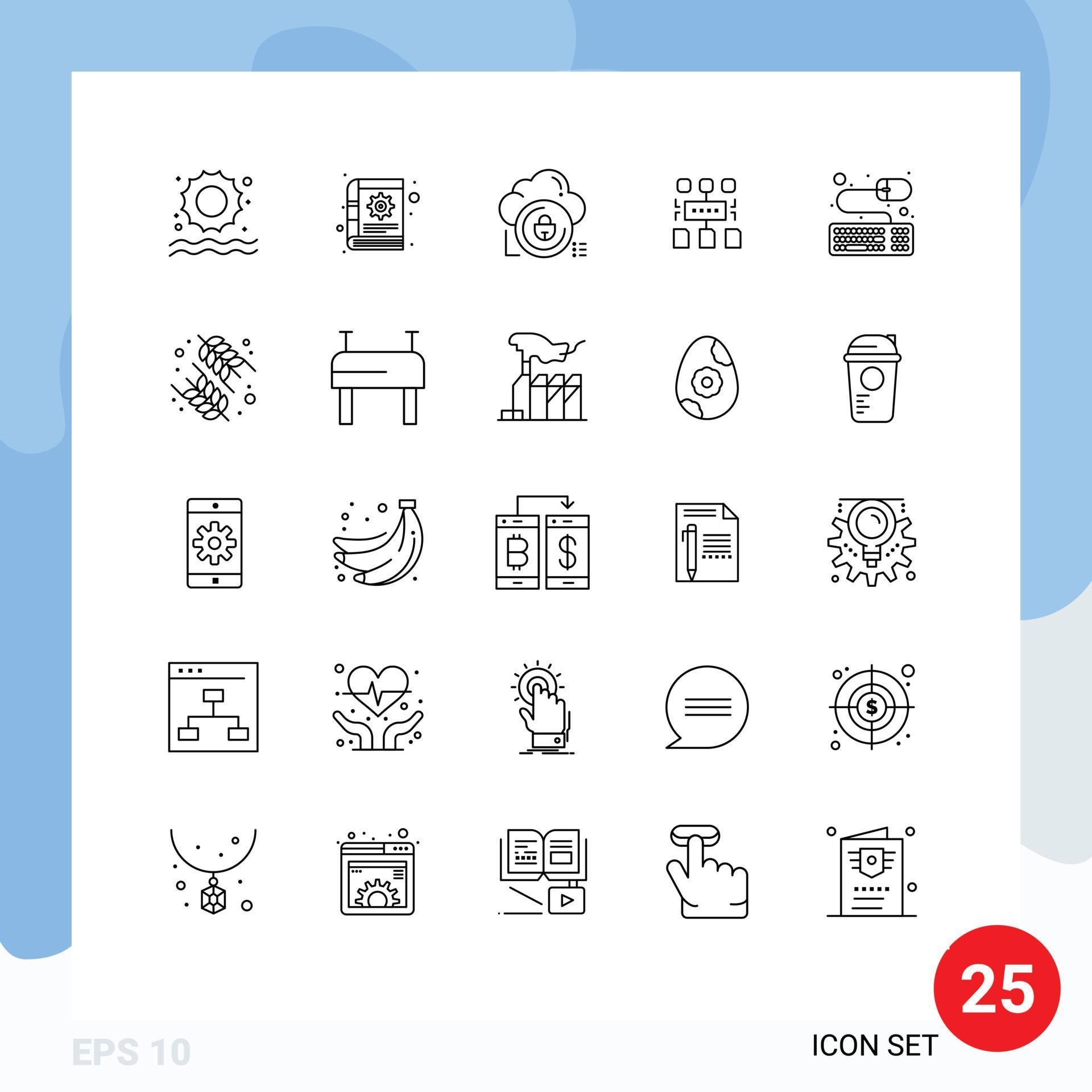 Mobile Interface Line Set of 25 Pictograms of keyboard document data user algorithm Editable ...