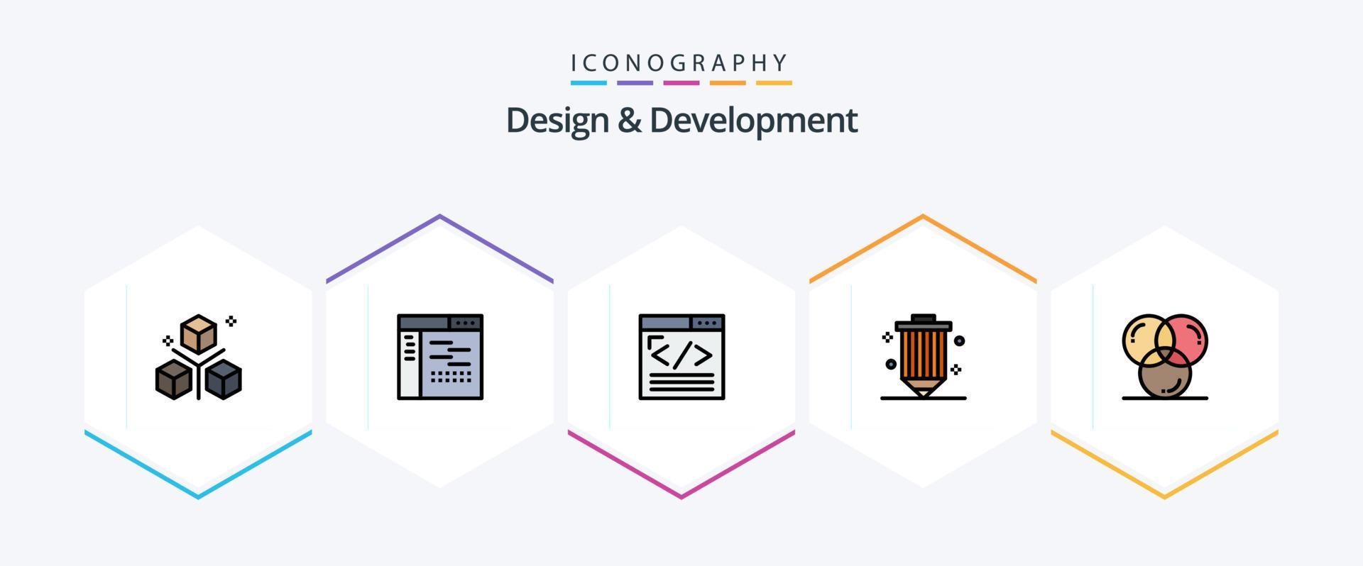Design and Development 25 FilledLine icon pack including development. coding. page. web ...