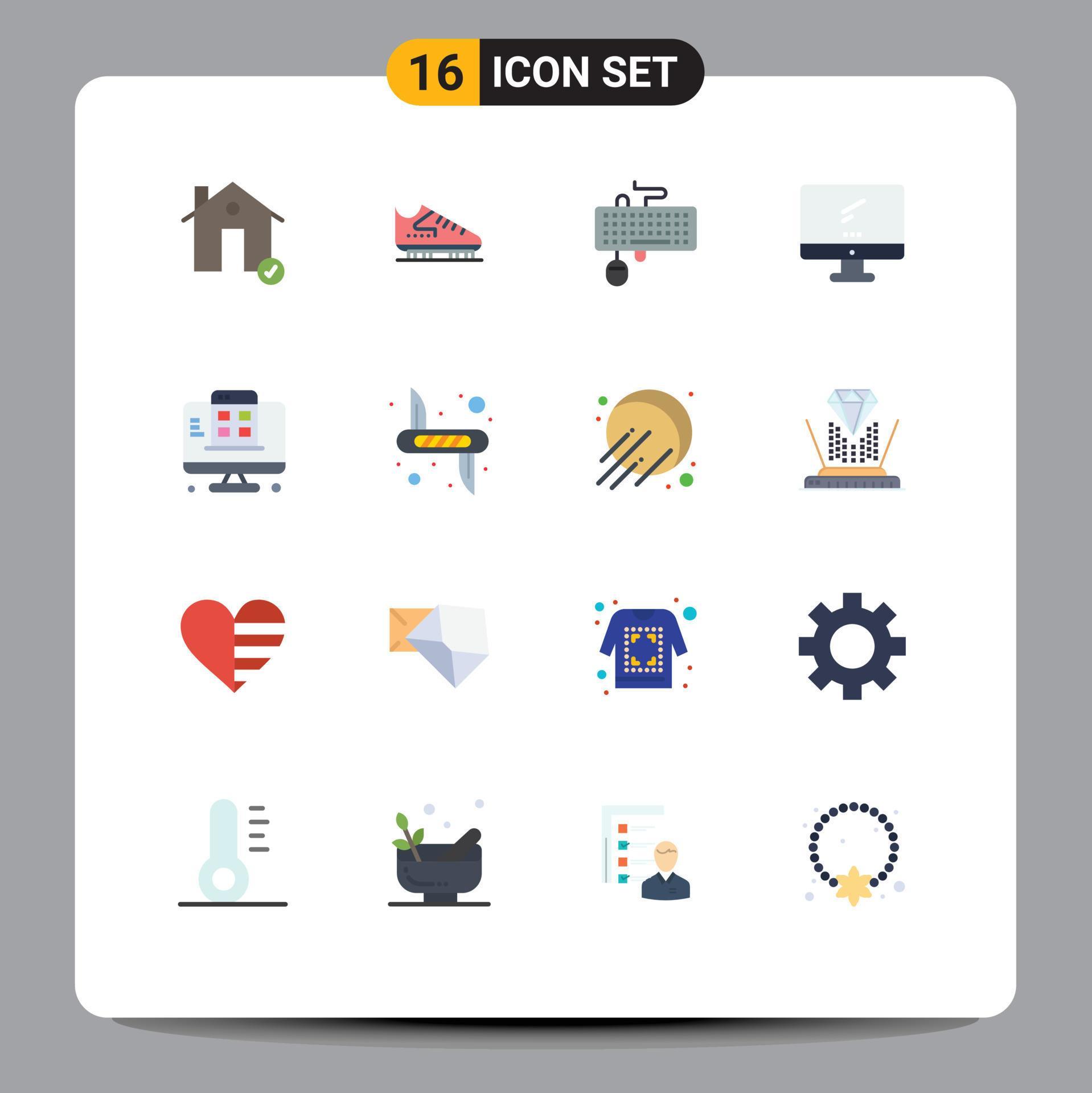 Editable Vector Line Pack Of 16 Simple Flat Colors Of Device Computer Skates Obsolete Keyboard