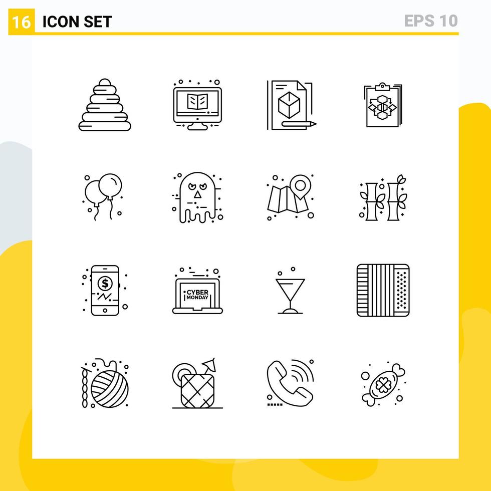 Modern Set of 16 Outlines Pictograph of work flow file diagram clipboard Editable Vector Design ...