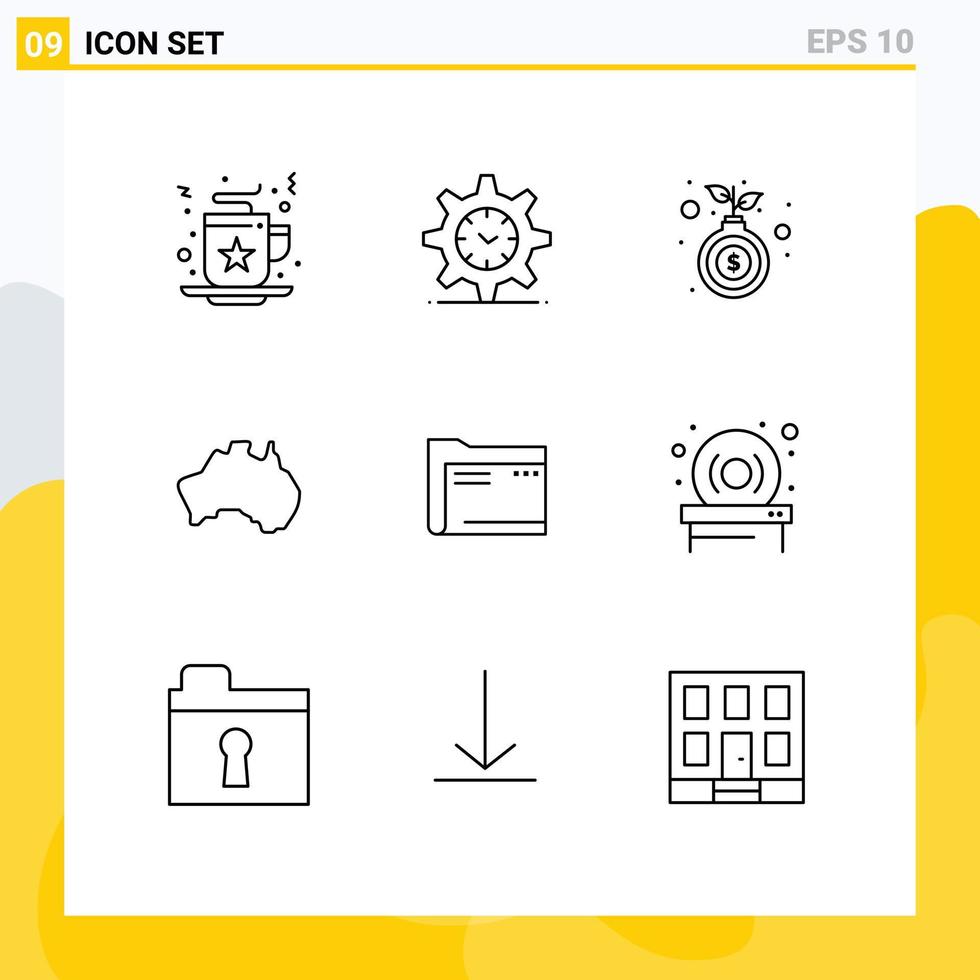 User Interface Pack Of 9 Basic Outlines Of Folder Map Bag Location Australian Editable Vector