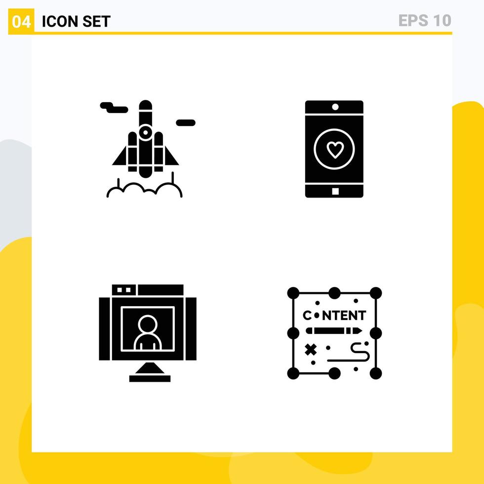 Set of 4 Vector Solid Glyphs on Grid for rocket communications application like video Editable ...
