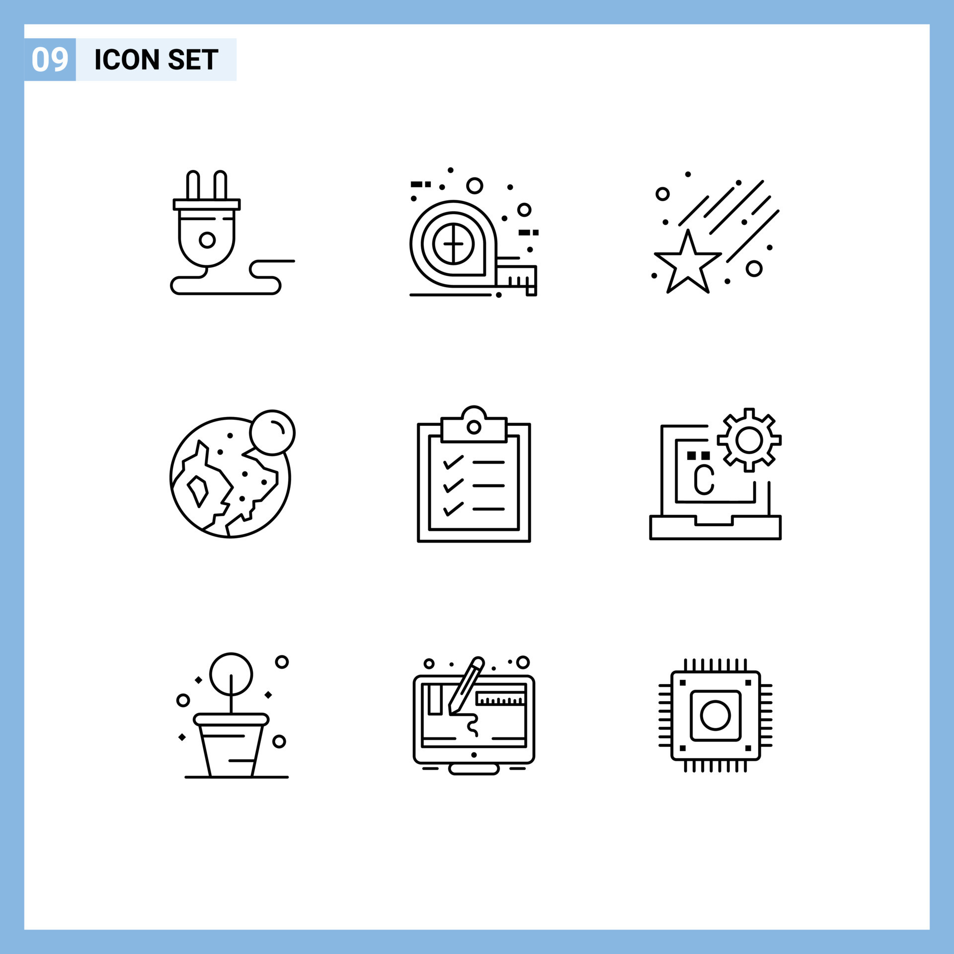 User Interface Pack Of 9 Basic Outlines Of Tasks Clipboard Falling Moon Globe Editable Vector