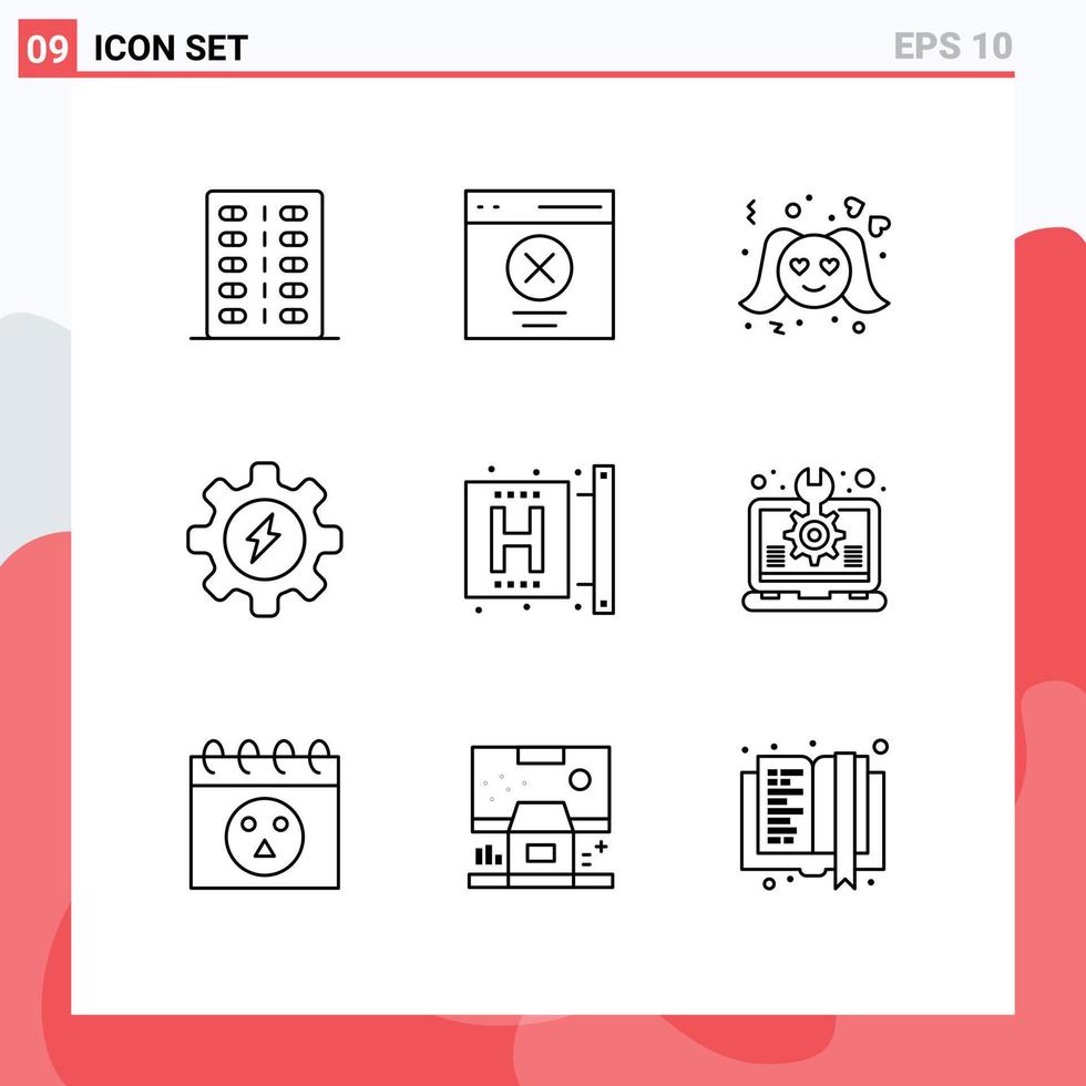 Outline Pack Of 9 Universal Symbols Of Center Gear Message Energy Valentine Editable Vector