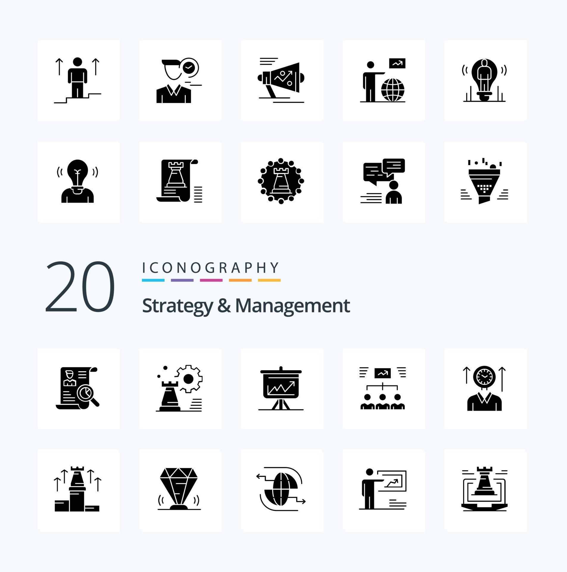 20 Strategy And Management Solid Glyph icon Pack like project team setting presentation ...