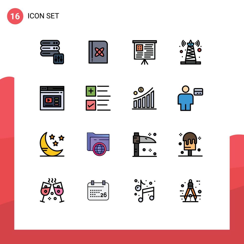 16 Thematic Vector Flat Color Filled Lines And Editable Symbols Of Video Web Chart Page