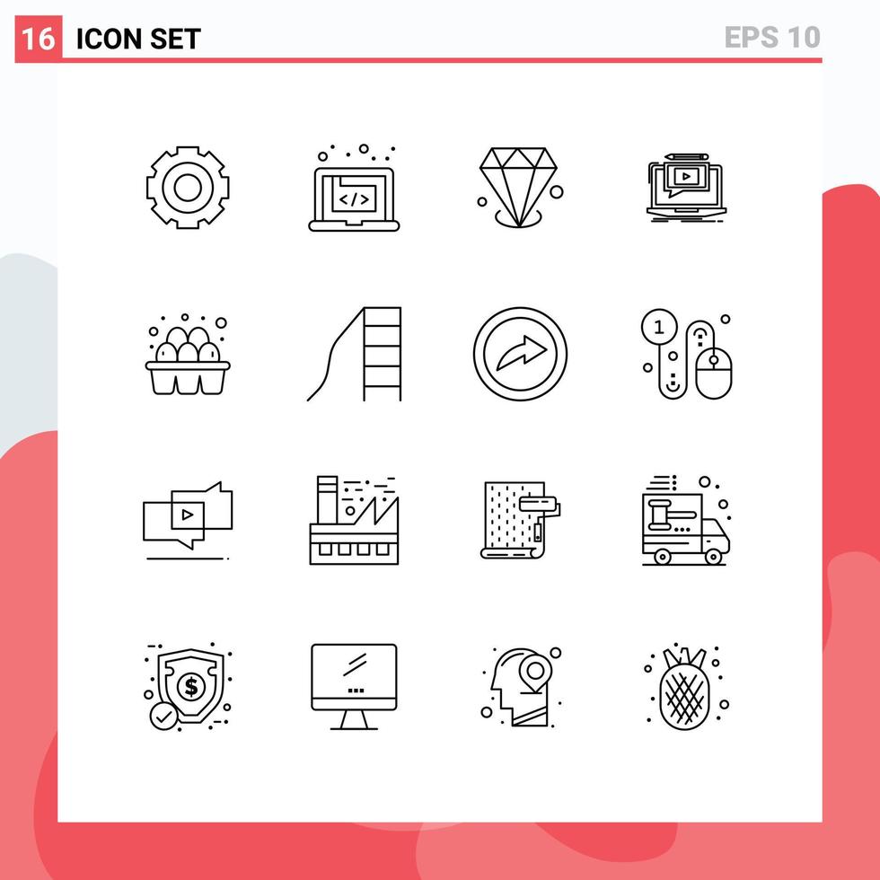 Set of 16 Modern UI Icons Symbols Signs for tutorial player marketing laptop investment Editable ...