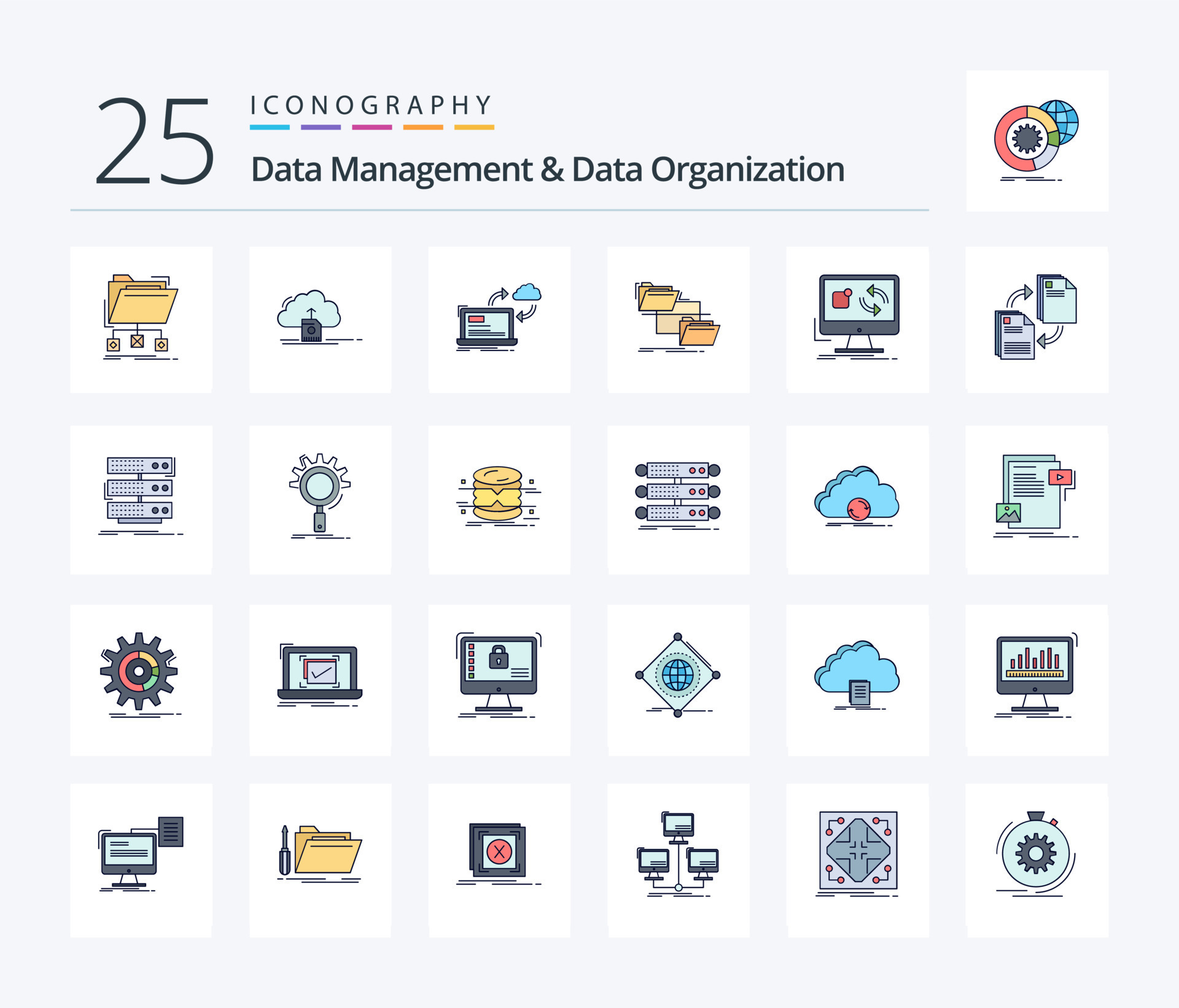 Data Management And Data Organization 25 Line Filled icon pack including management. folder ...