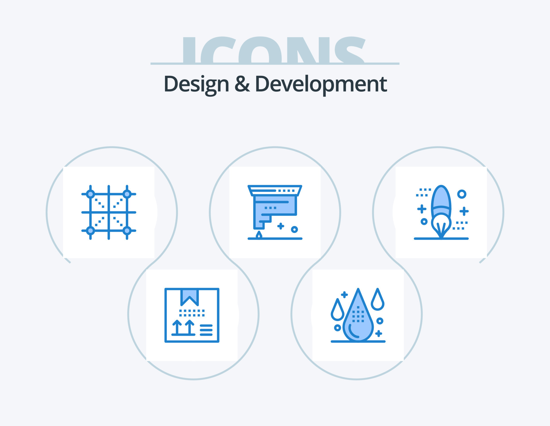 Design and Development Blue Icon Pack 5 Icon Design. design. cartridge. development. rule ...