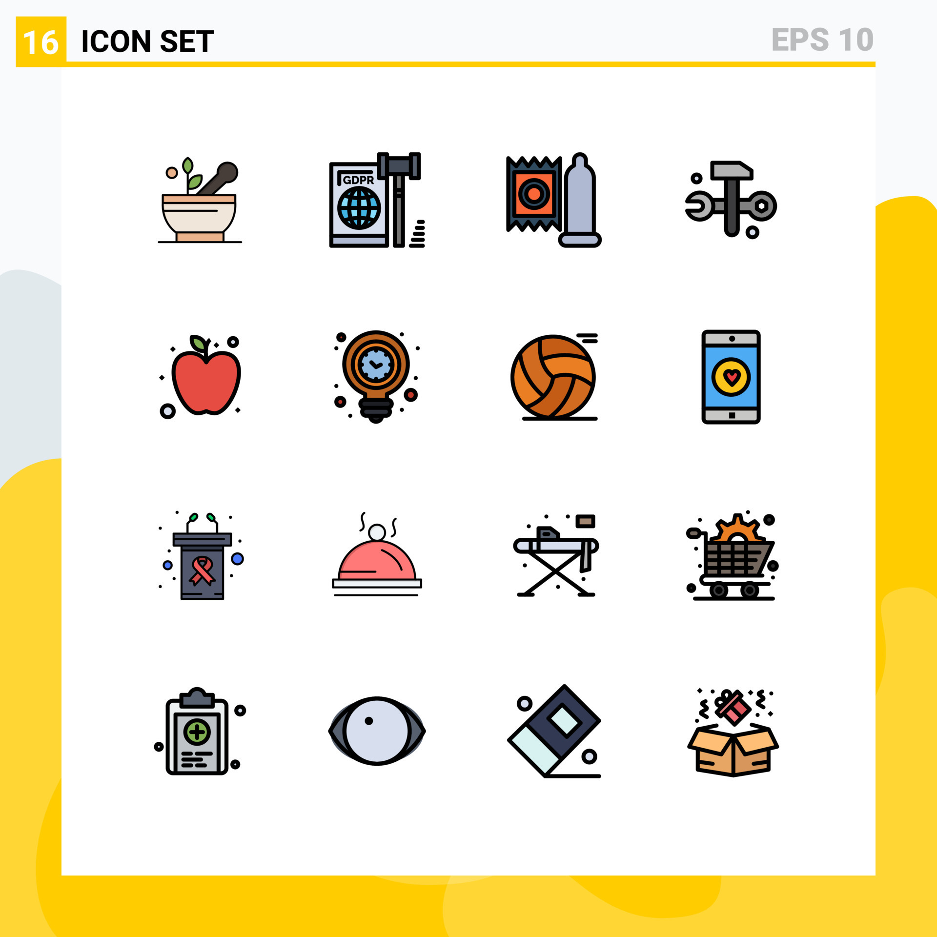 Mobile Interface Flat Color Filled Line Set Of 16 Pictograms Of Apple Hammer Secure Databases