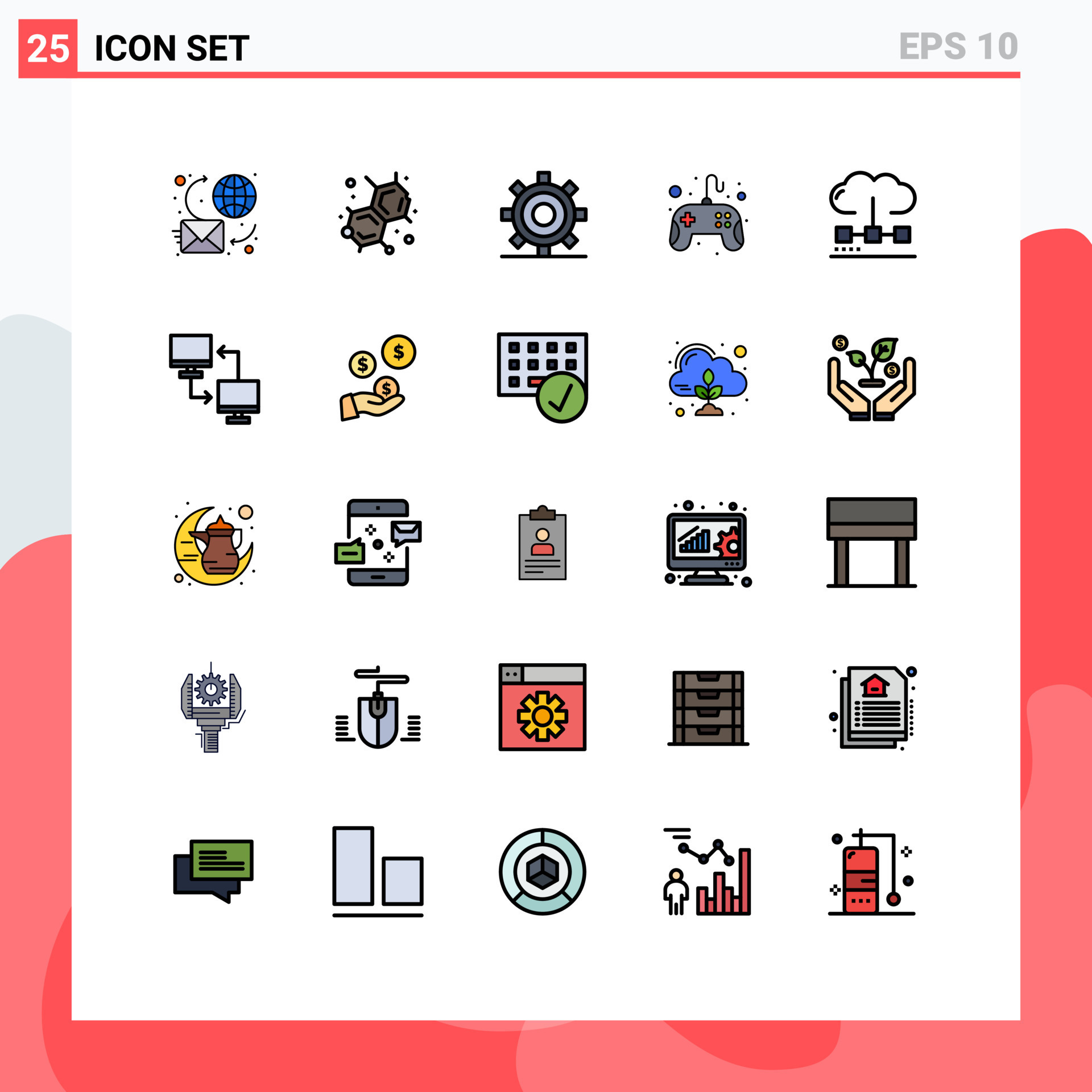 Set Of 25 Vector Filled Line Flat Colors On Grid For Cloud Game Coding Controller Programing