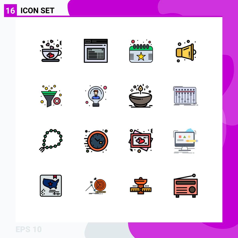 Pictogram Set of 16 Simple Flat Color Filled Lines of funnel speaker text multimedia date ...