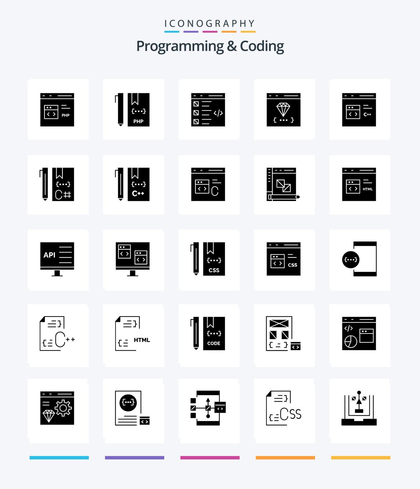 Creative Programming And Coding 25 Glyph Solid Black Icon Pack Such As